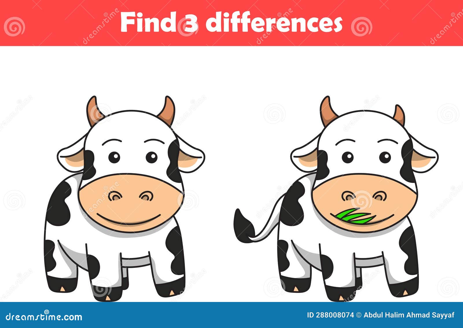Education Game for Children Find Three Differences between Two Cows Animal Cartoon. Vector ...
