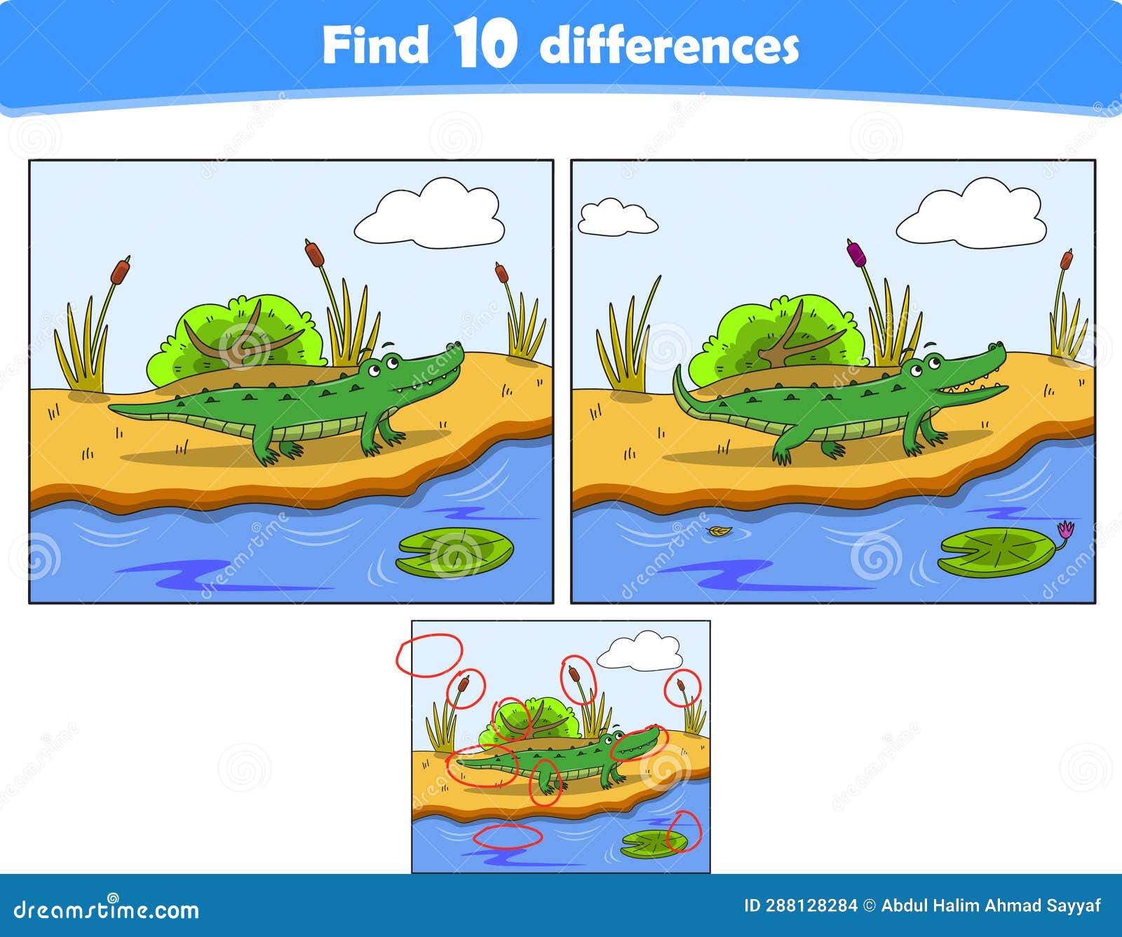 Funny Cartoon Crocodile. Find 10 Differences. Kids Education Games ...