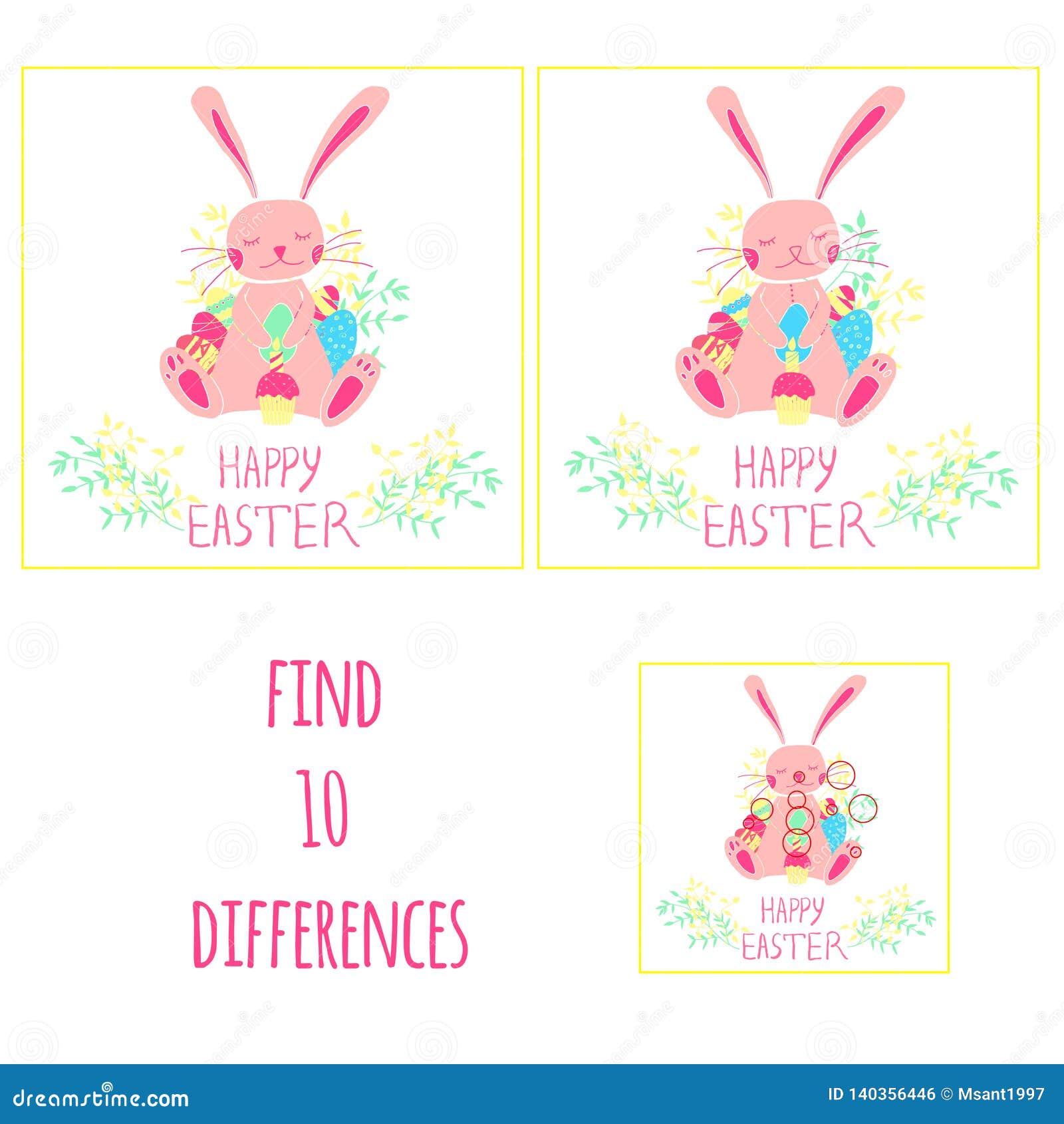 Find 10 Differences. Easter. Bunny with Eggs, Cake and Candle Stock ...