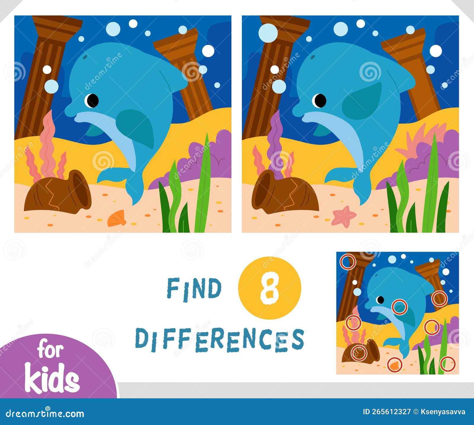 Find Differences Educational Game For Children, Cute Dolphin Vector ...