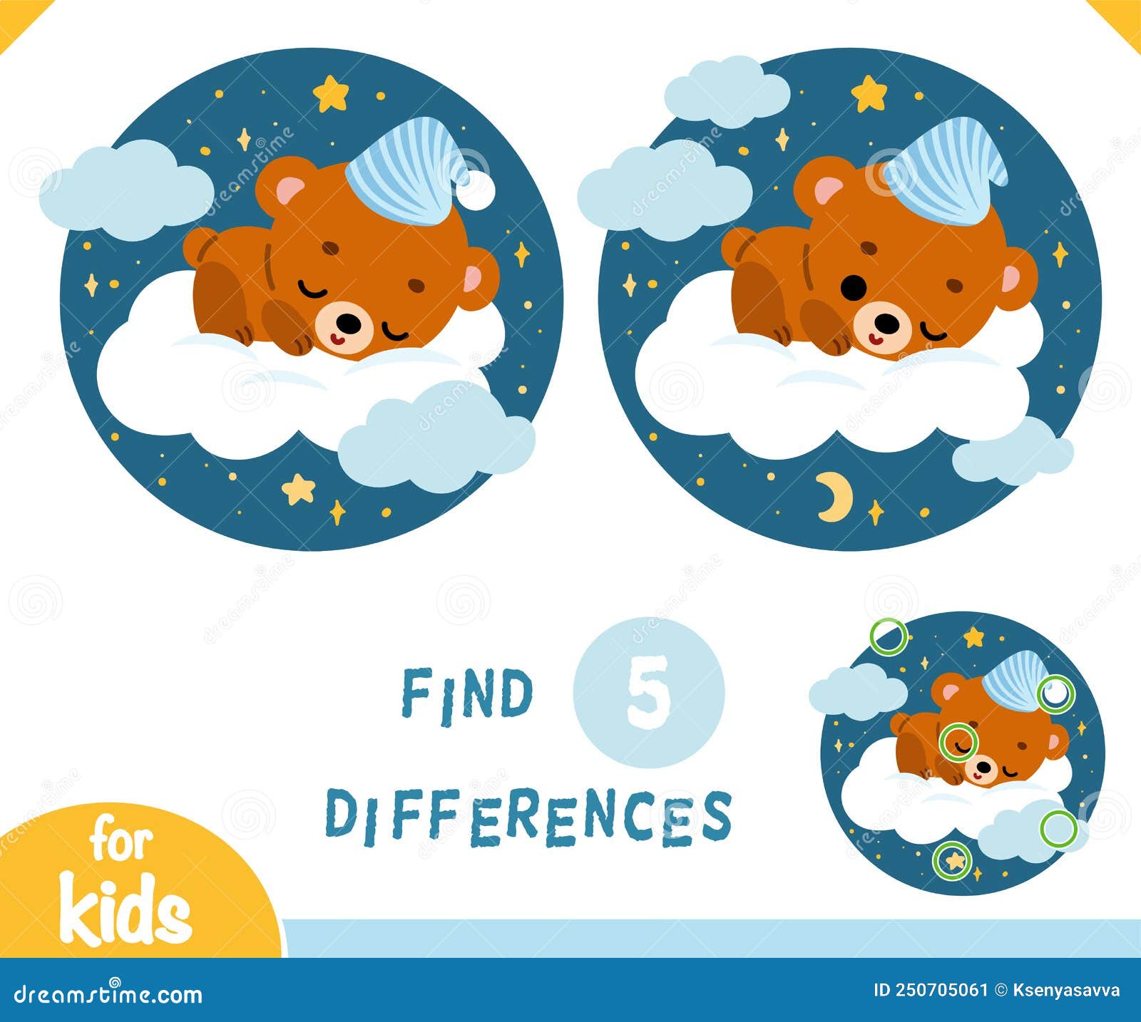 Find Differences Educational Game, Cute Bear Sleeps on a Cloud Stock ...