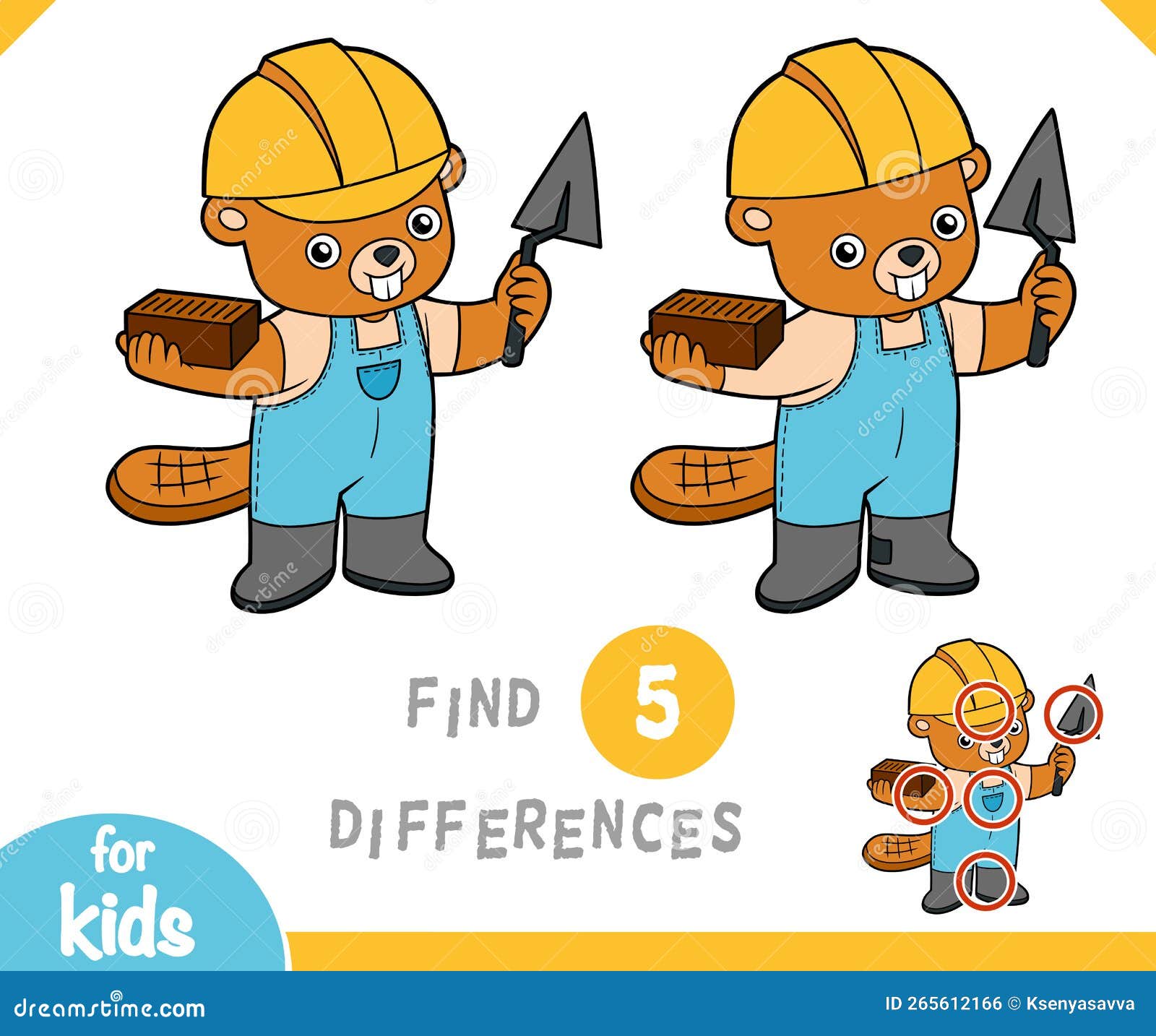 Find Differences Educational Game for Kids, Beaver Builder Stock Vector ...