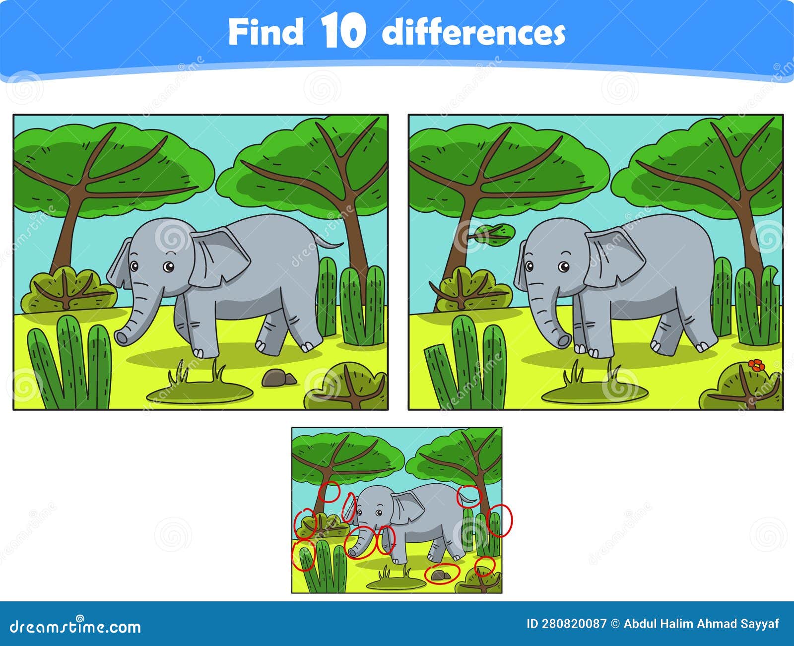 Funny Cartoon Elephant. Find 10 Differences Stock Vector - Illustration ...