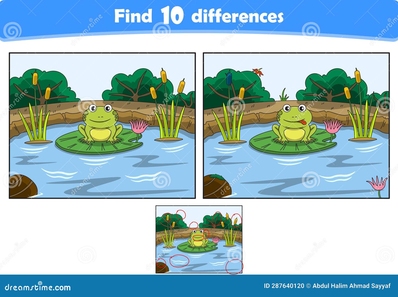 Funny Cartoon Frog. Find 10 Differences. Kids Education Games Stock ...