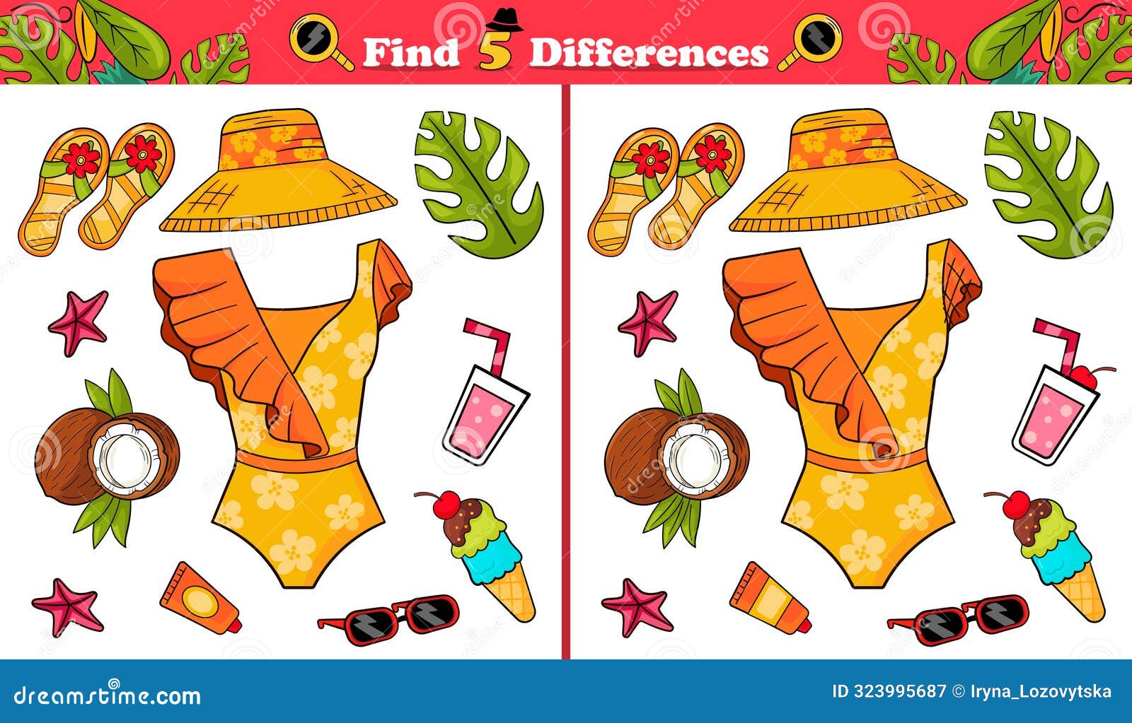 Find 5 Differences Game for Children with Summer Themed Objects Stock ...