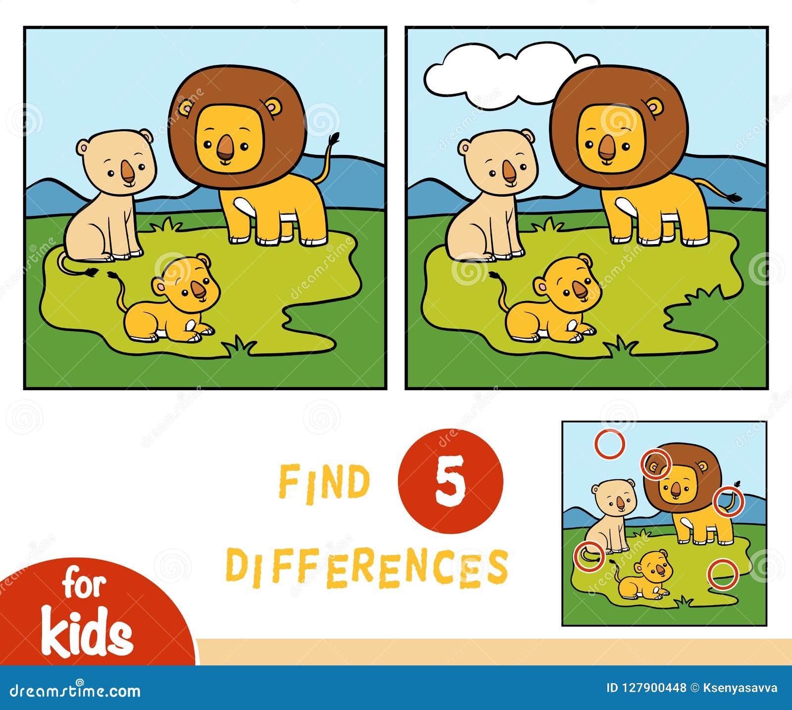Find Differences, Game For Children, Three Lions Vector Illustration ...