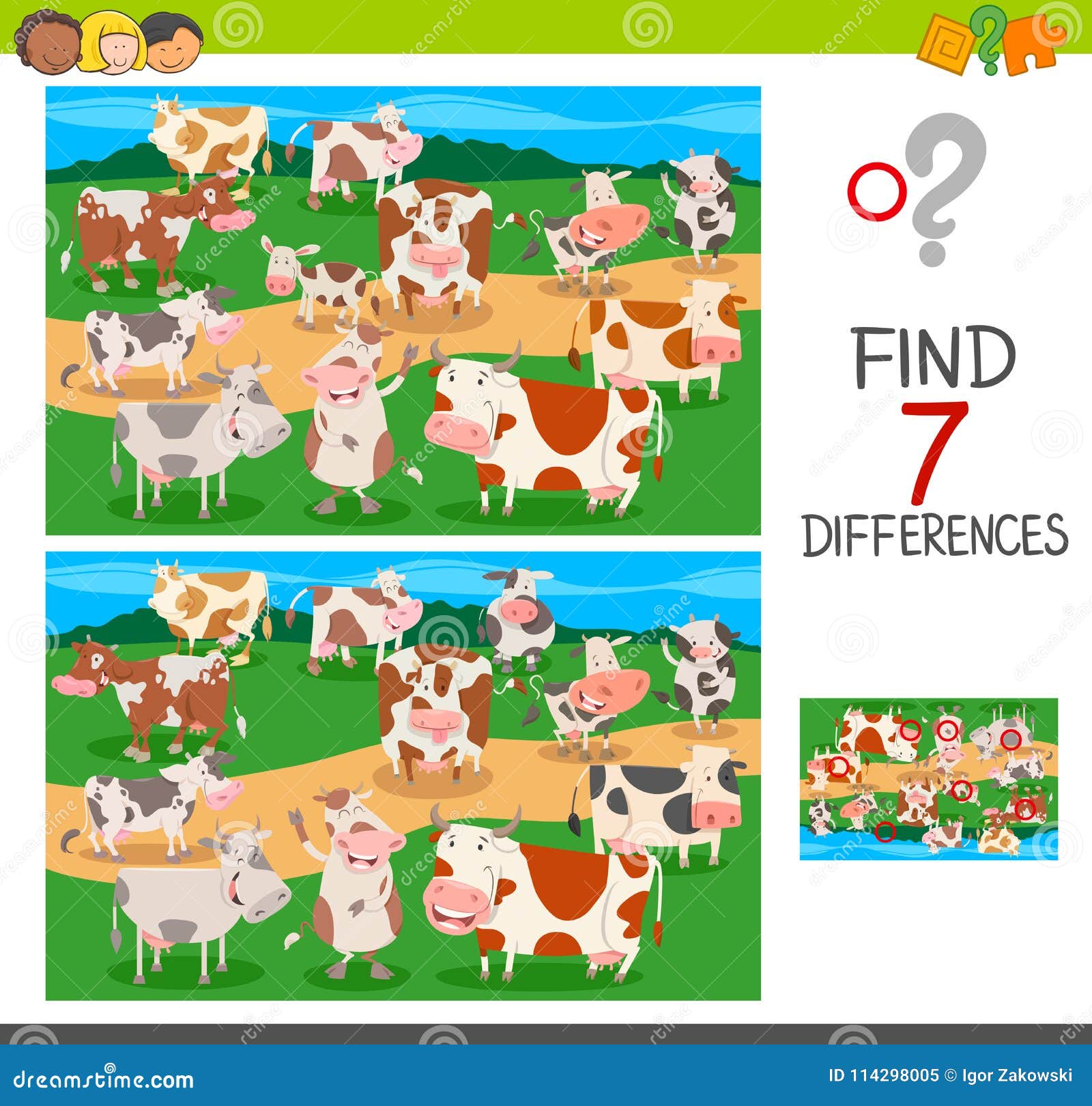 Find Differences Game with Cows Animal Characters Stock Vector ...