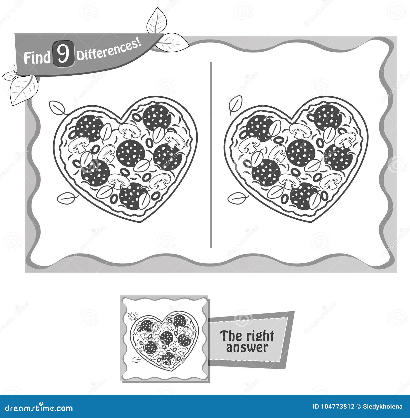 Find 9 Differences Game Pizza Heart Black Stock Illustration ...