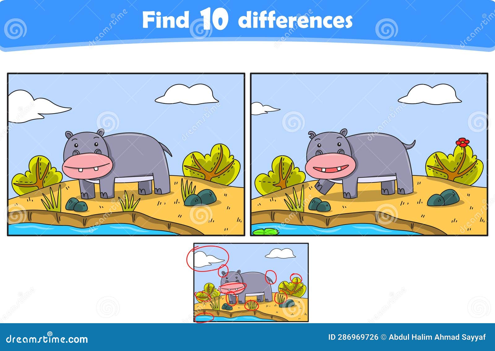 Funny Cartoon Hippopotamus. Find 10 Differences. Kids Education Games ...