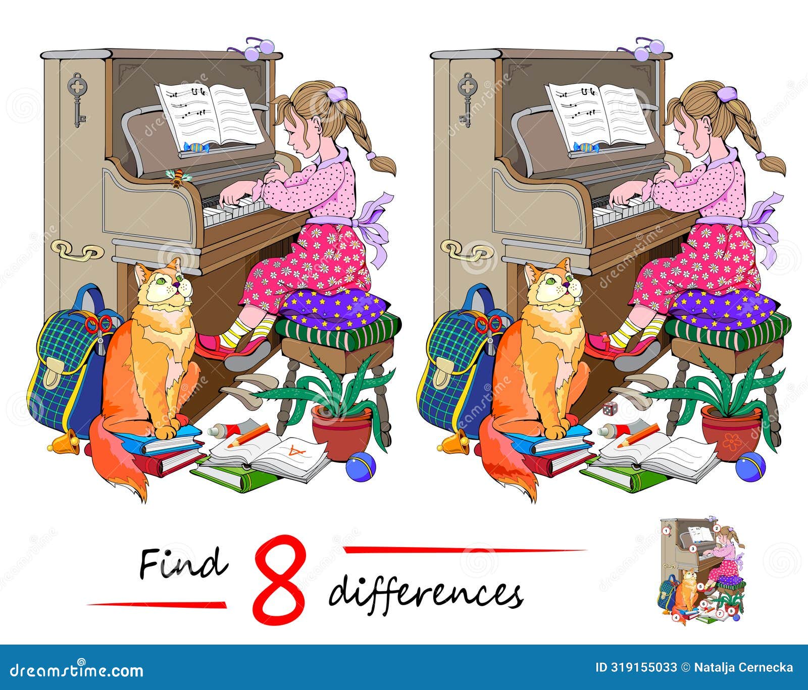 Find 8 Differences. Illustration Of A Little Girl Playing Piano. Logic ... Find 8 Differences. Illustration Of A Little Girl Playing Piano. Logic ...