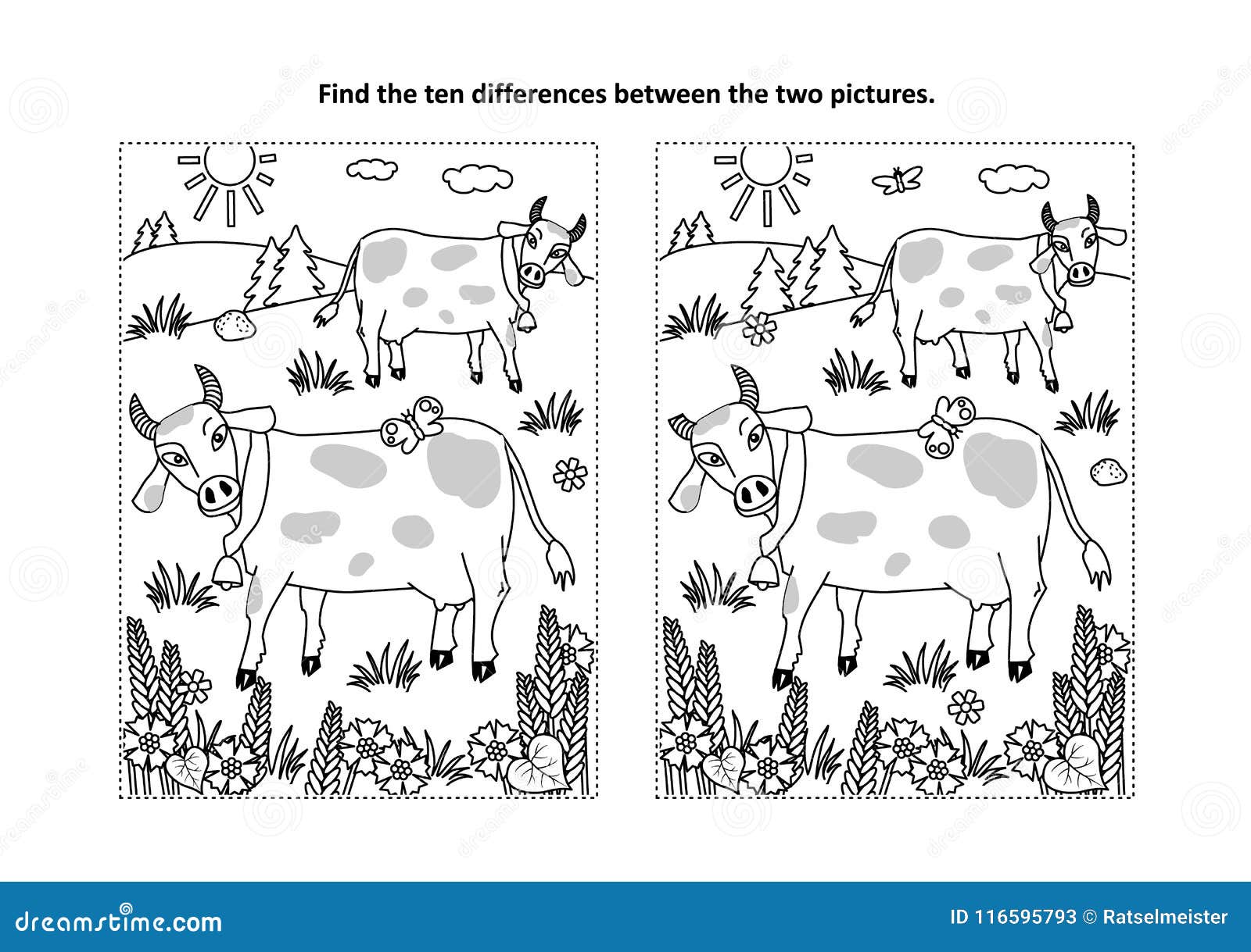 Find the Differences Visual Puzzle and Coloring Page with Cows on a ...