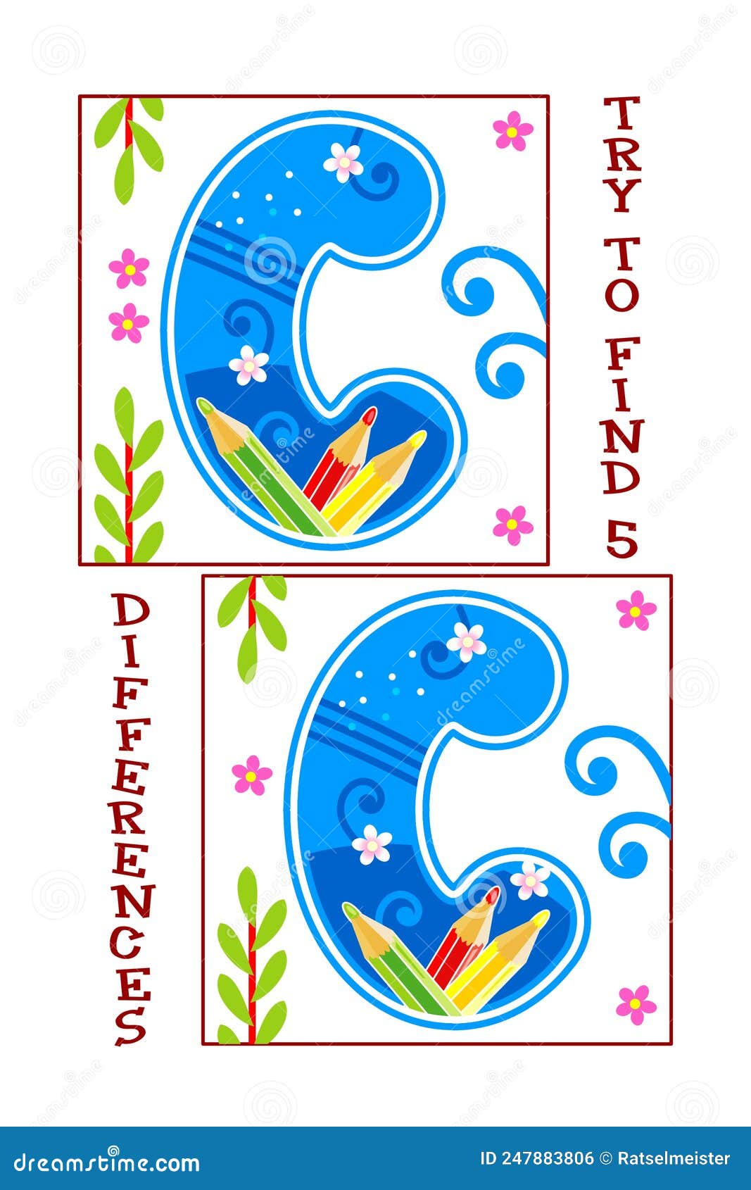 Find 5 Differences Visual Puzzle Or Picture Riddle With Decorated ...