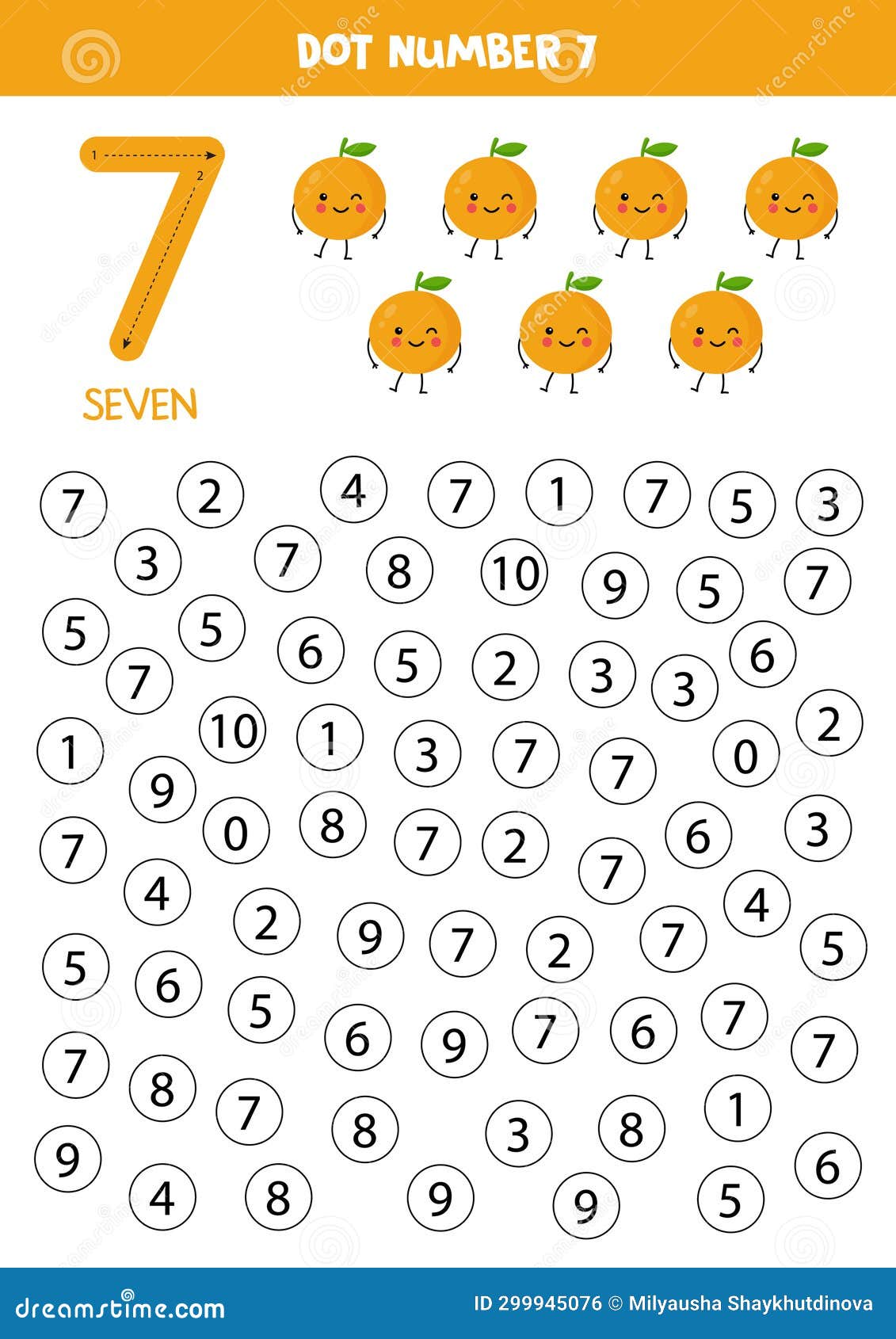 Find and Dot Number Seven. Learning Number 7 with Cute Oranges ...