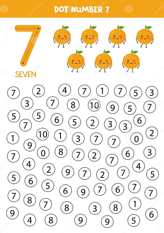 Find and Dot Number Seven. Learning Number 7 with Cute Oranges ...