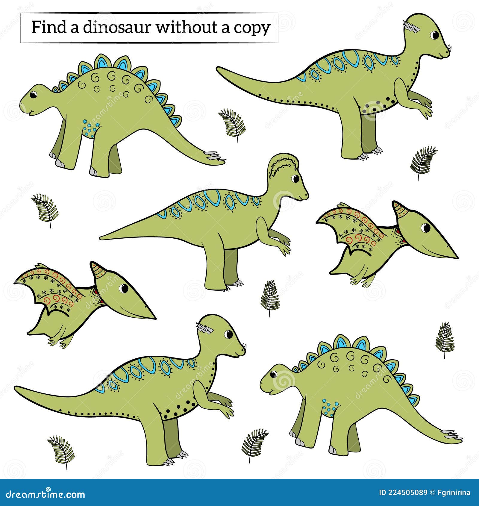 Find a Drawing without Copy, Task for Kids with Green Dinosaurs, Vector ...