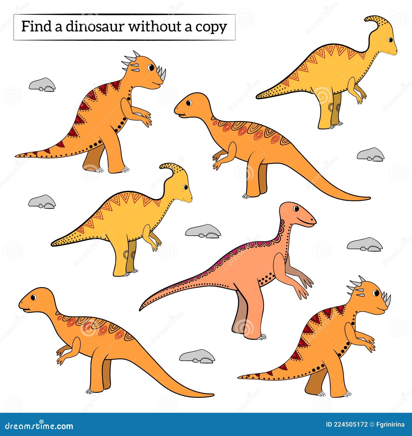 Find A Drawing Without Copy, Task For Kids With Orange Dinosaurs ...