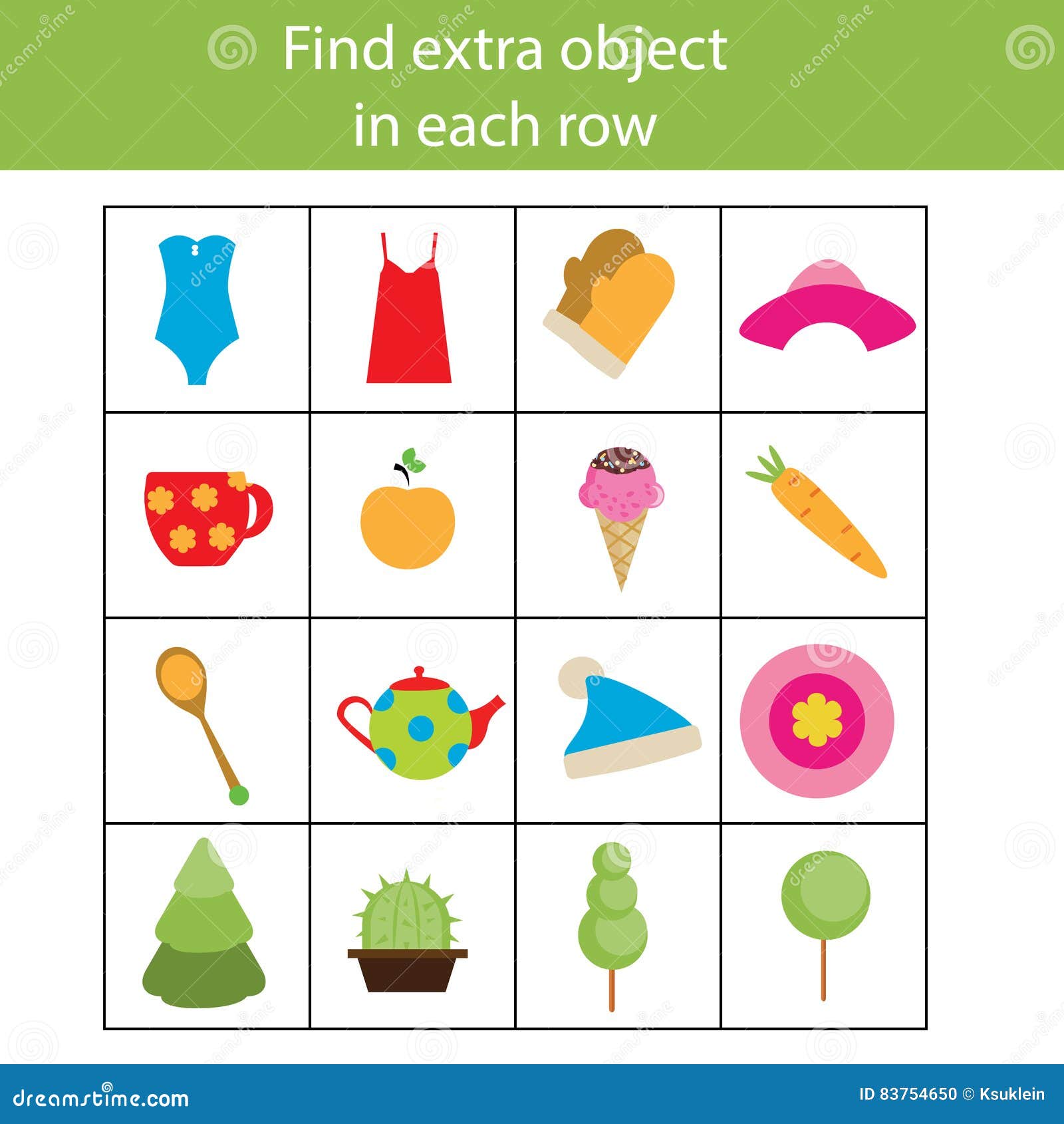 Find Extra Object in Row. Educational Children Game, Printable Activity ...