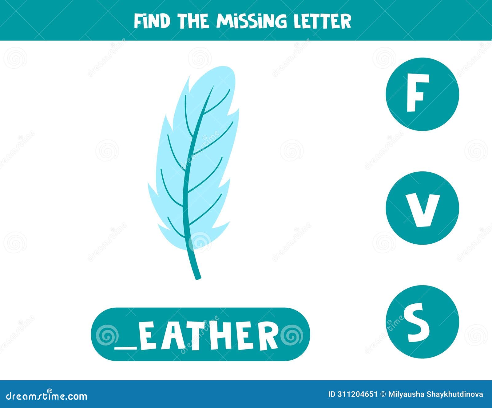 Find Missing Letter with Cartoon Feather. Spelling Worksheet. Stock ...