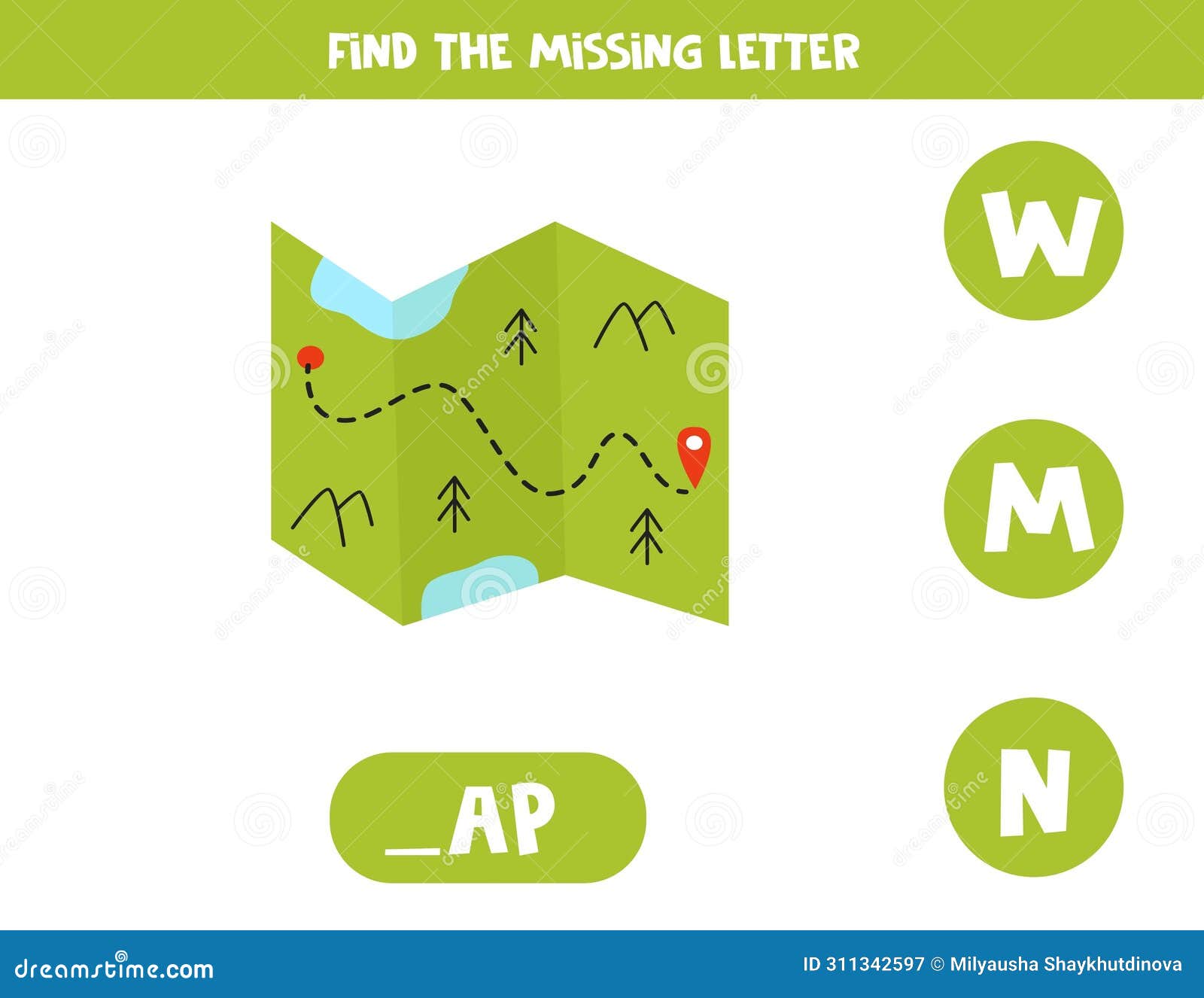 Find Missing Letter with Cartoon Map. Spelling Worksheet. Stock Vector ...