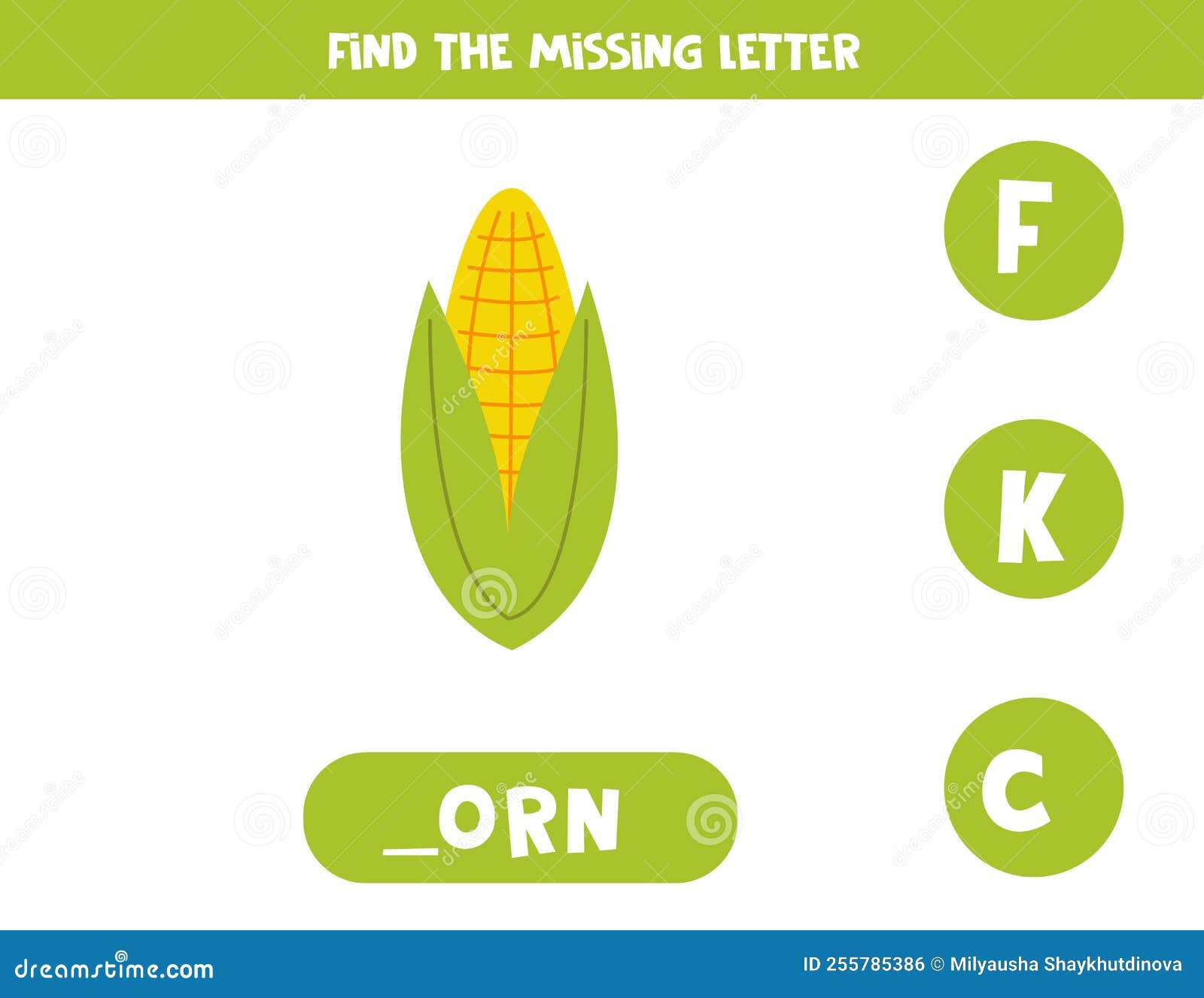 Find Missing Letter with Hand Drawn Corn. Spelling Worksheet Stock ...