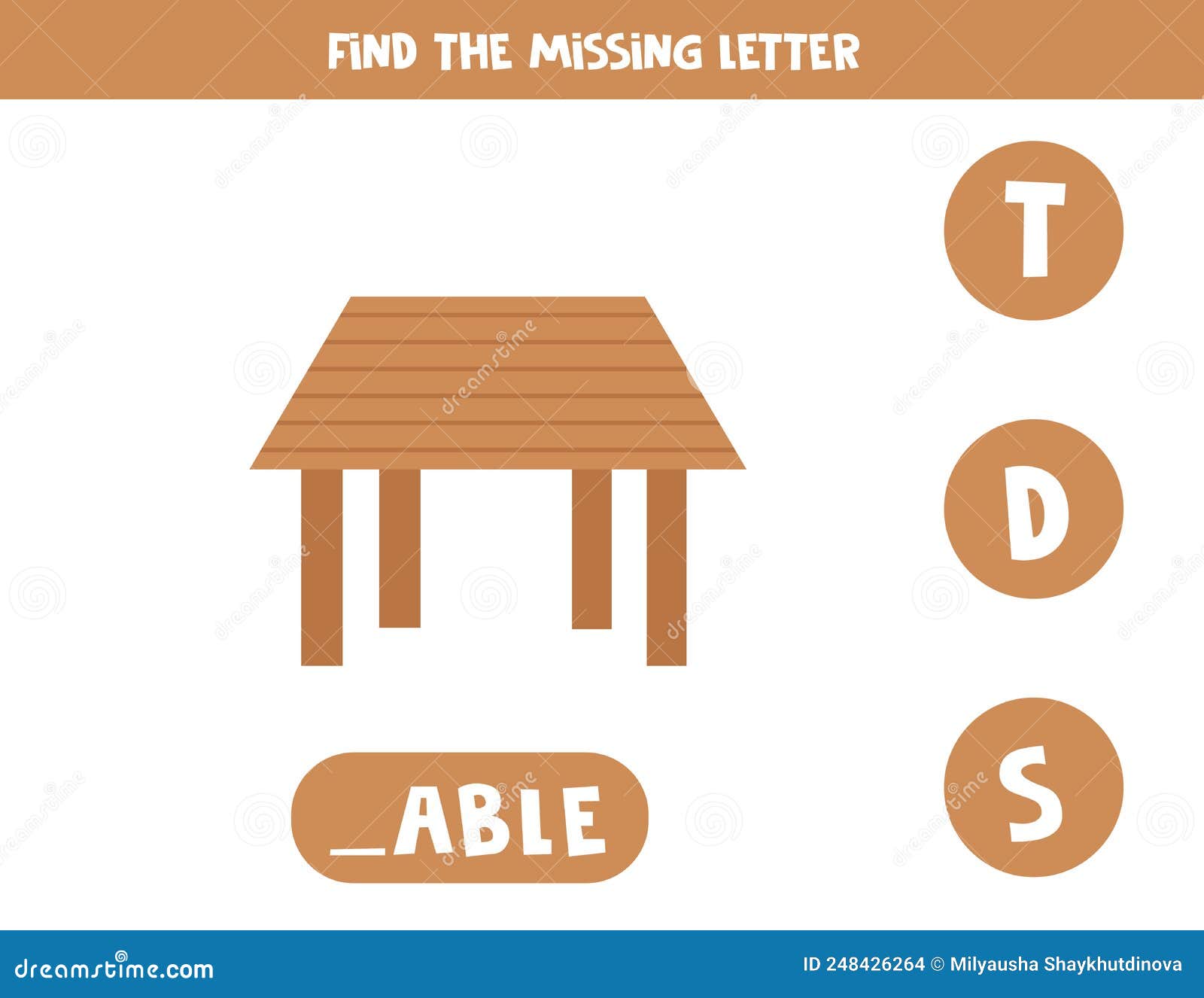 Find Missing Letter with Wooden Table. Spelling Worksheet. Stock Vector ...