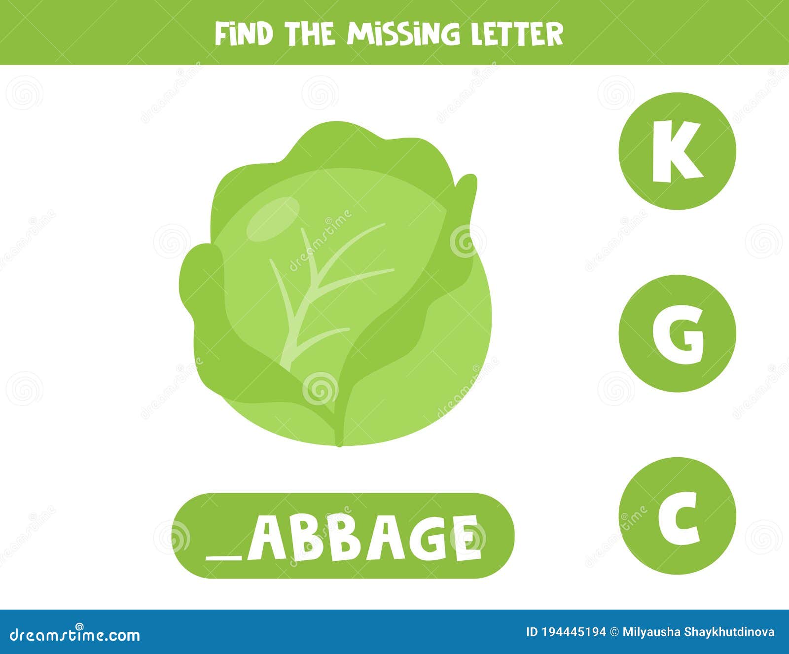 Find Missing Letter and Write it Down. Cute Cartoon Cabbage. Stock ...