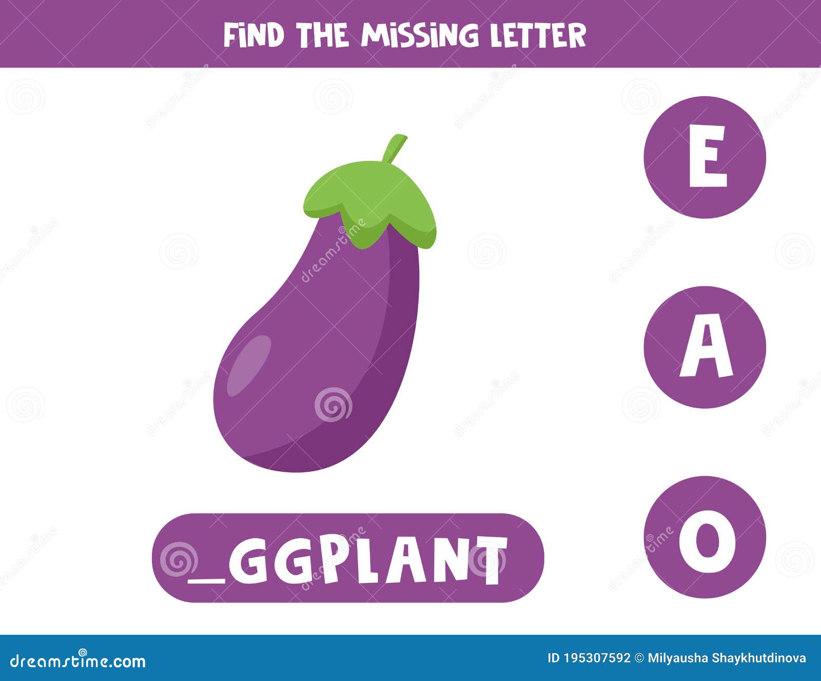 Find Missing Letter and Write it Down. Cute Cartoon Eggplant. Stock ...
