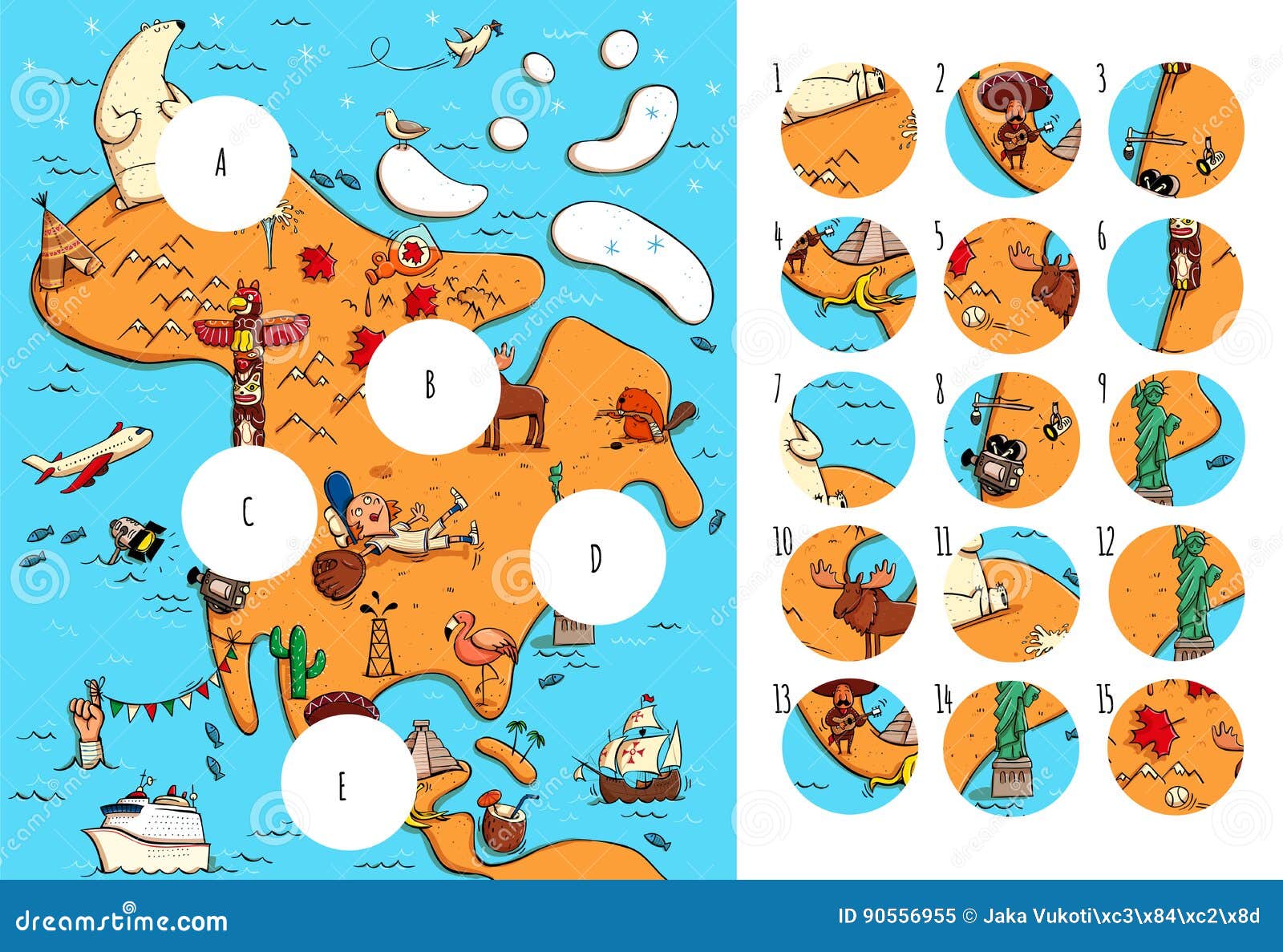 Map Of America Visual Game. Locate Isolated Items On A Map. Cartoon ...