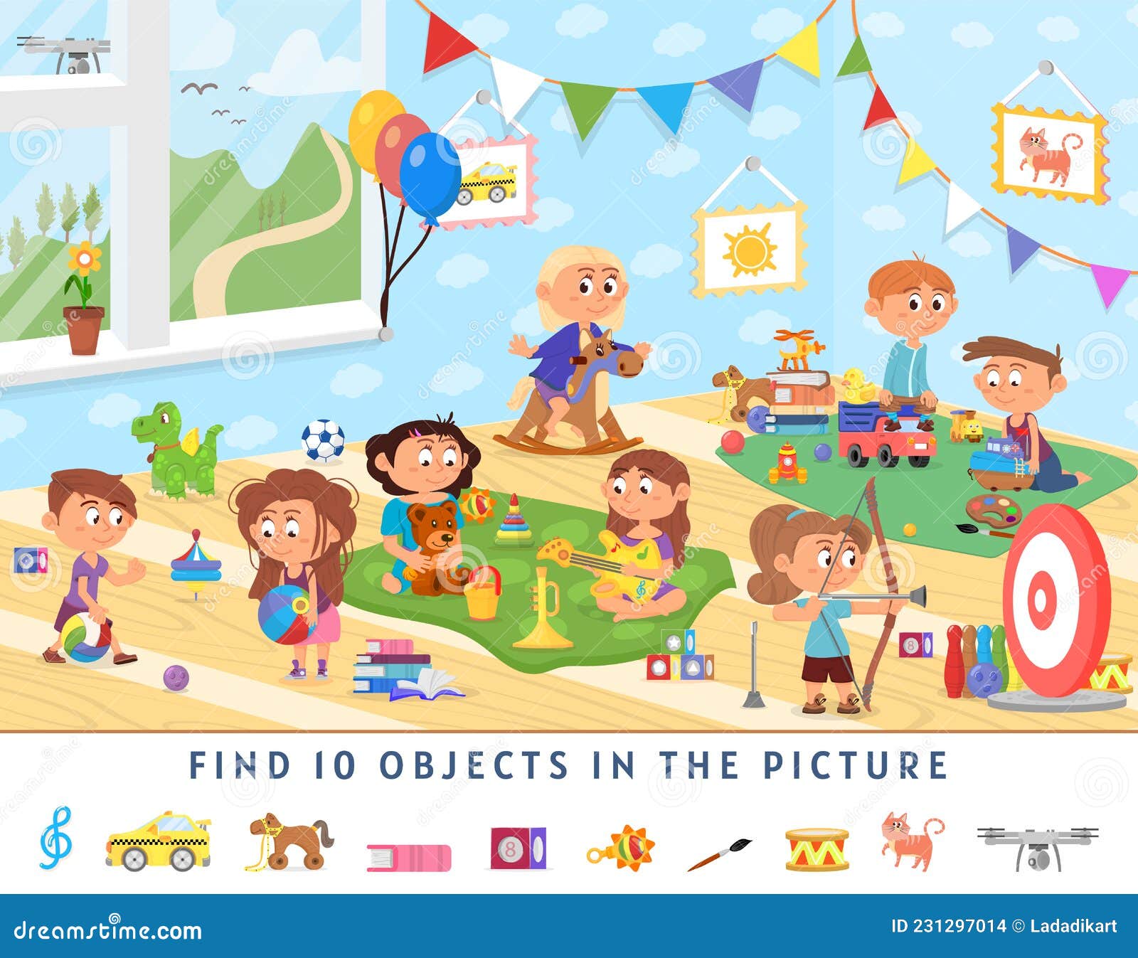 Find 10 Objects. Kids Game, School Activity Background. Funny Mind ...