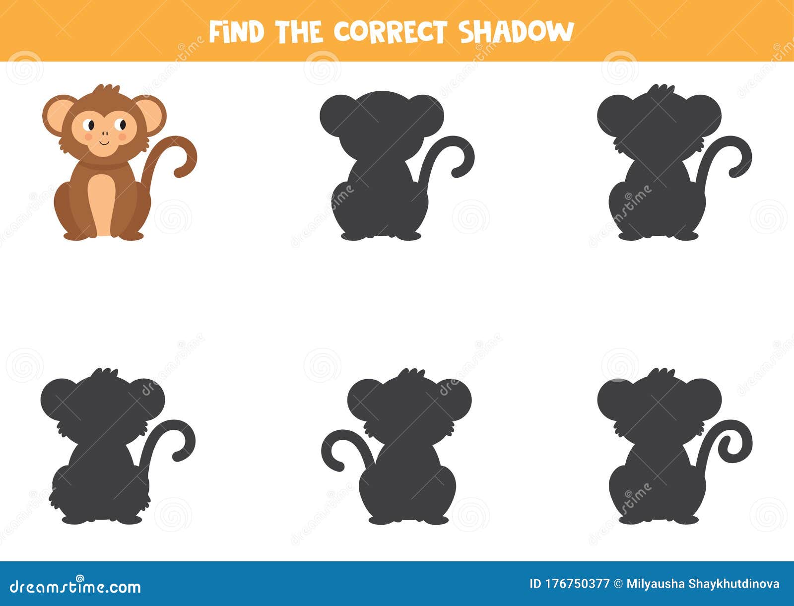 Find the Right Shadow of Cartoon Monkey. Printable Worksheet Stock ...