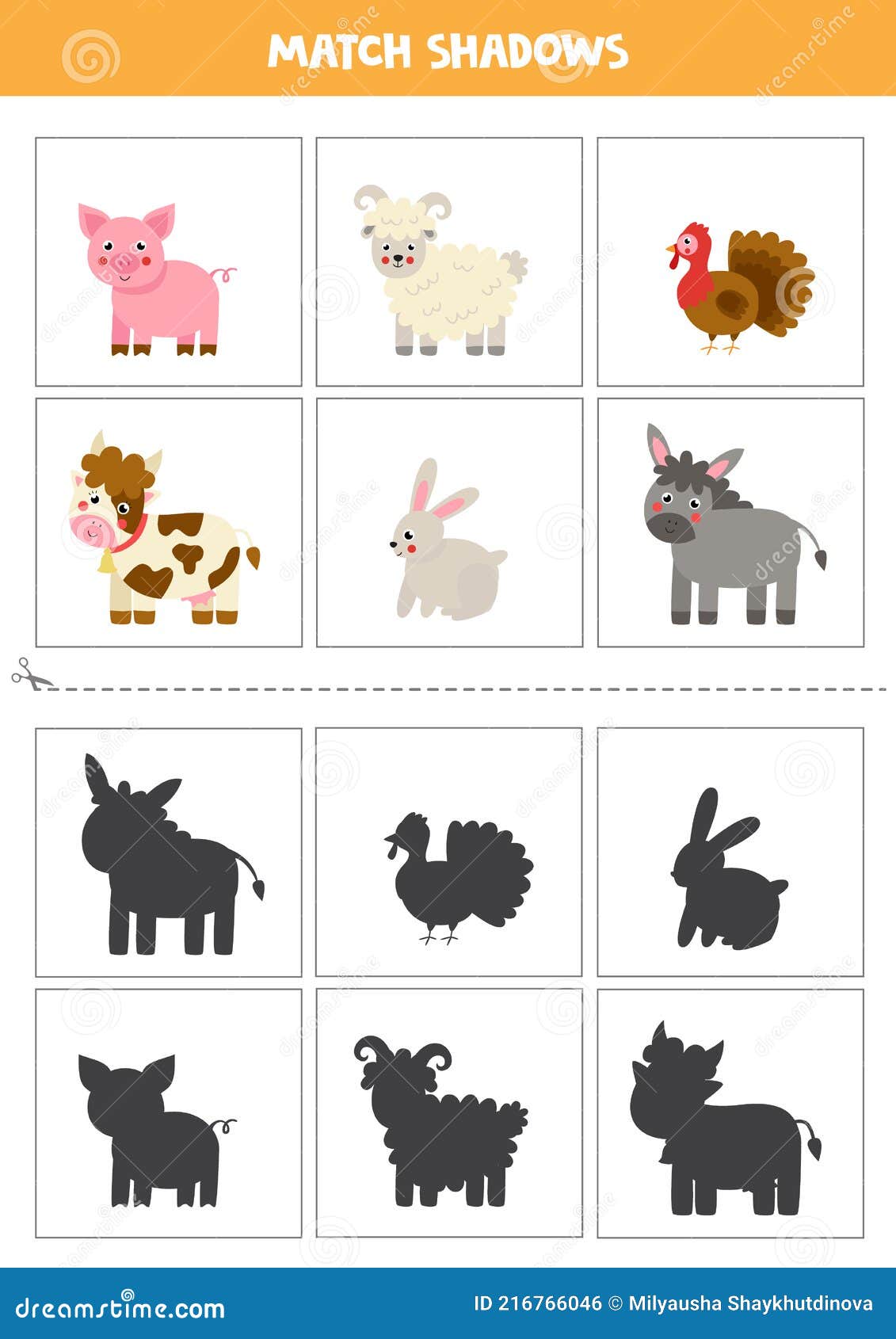Find Shadows of Cute Farm Animals. Cards for Kids Stock Vector ... Find Shadows of Cute Farm Animals. Cards for Kids Stock Vector ...