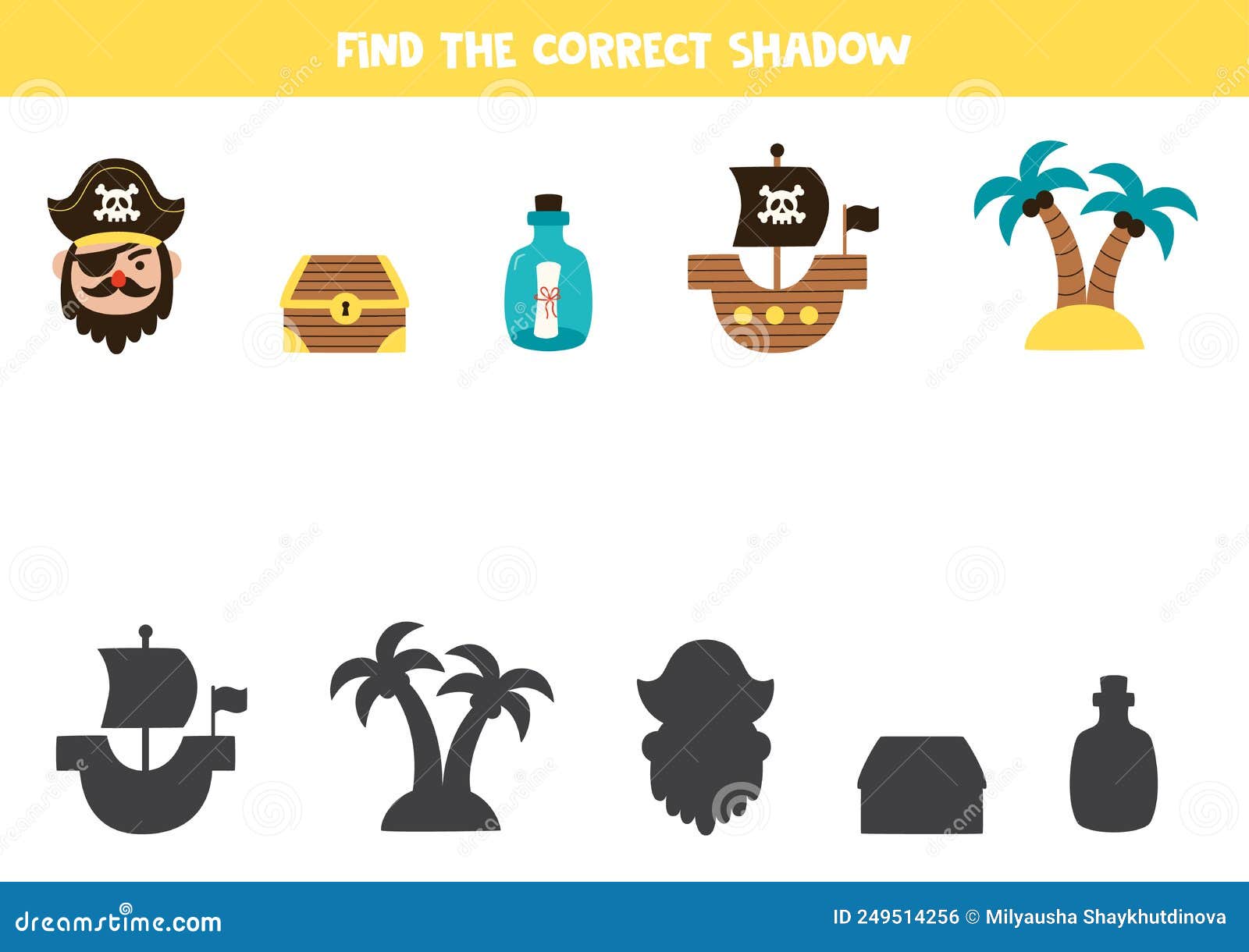 Find the Correct Shadows of Pirate Elements. Logical Puzzle for Kids ...