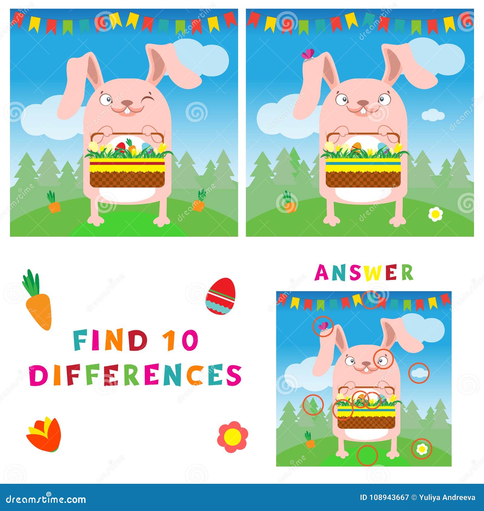 Find Ten Differences Illustration of Easter Bunny with Eggs Stock ...