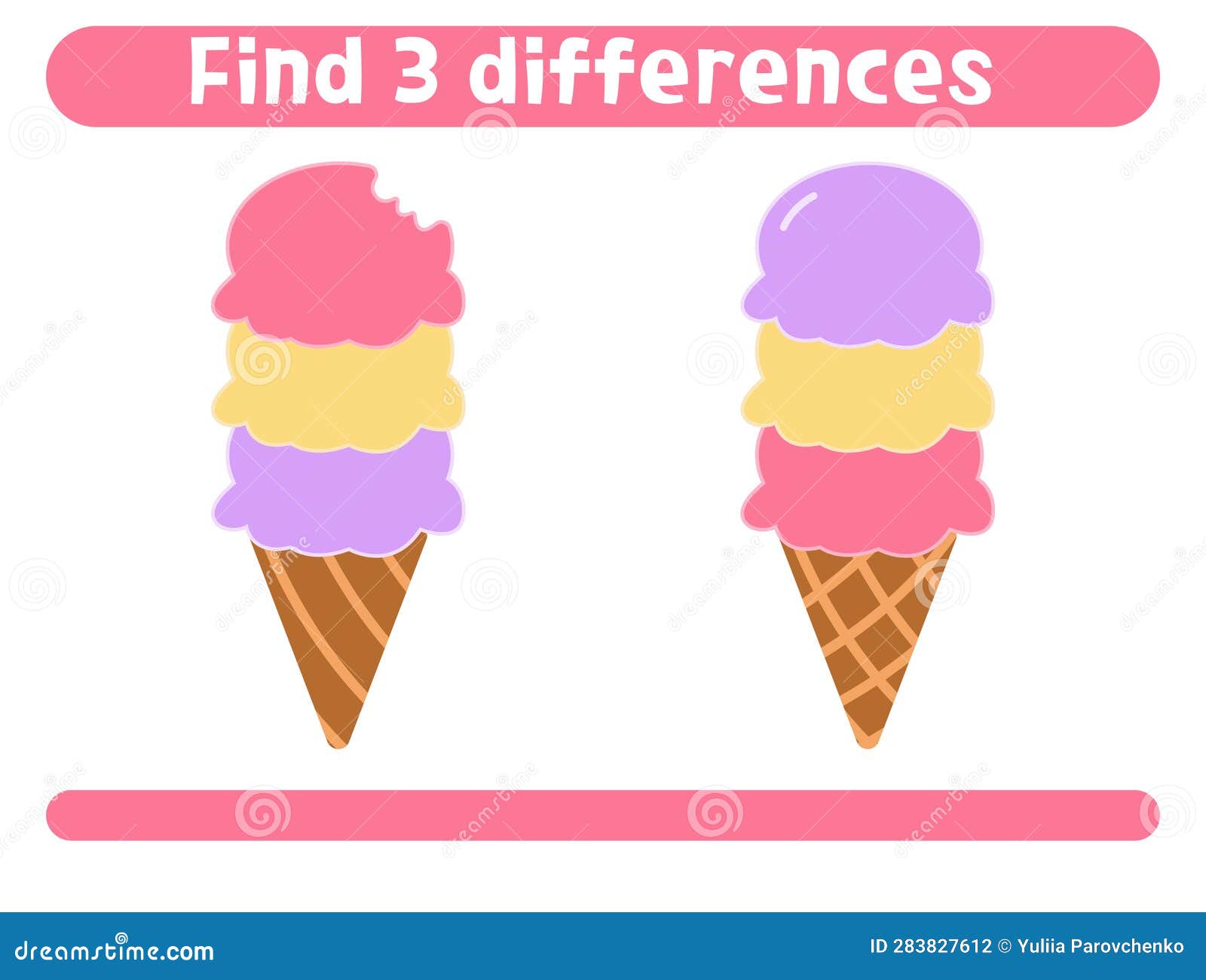Find Three Differences. Cute Ice Cream. Worksheet for Kids Stock Vector ...