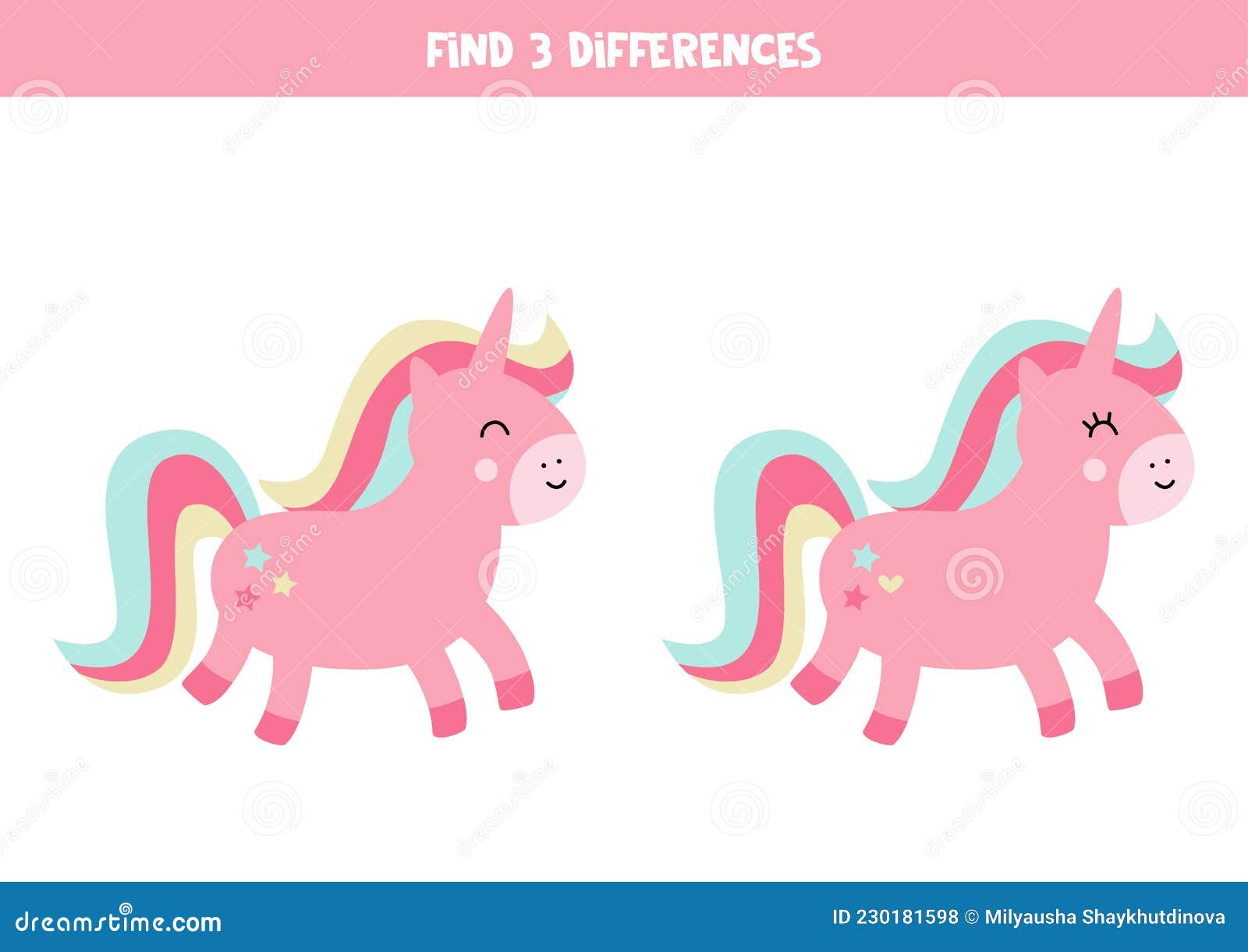 Find Three Differences between Two Cute Unicorns. Stock Vector - Illustration of educational ...