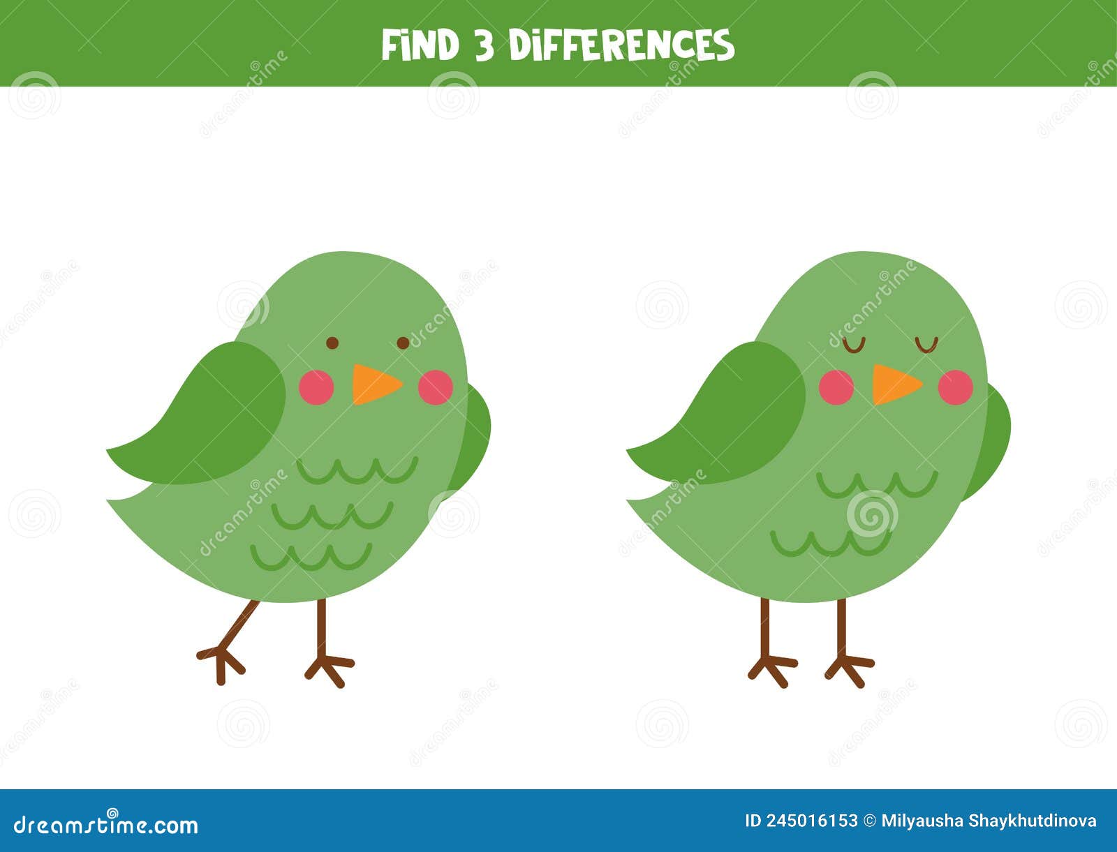 Find Three Differences between Two Green Birds. Stock Vector ...