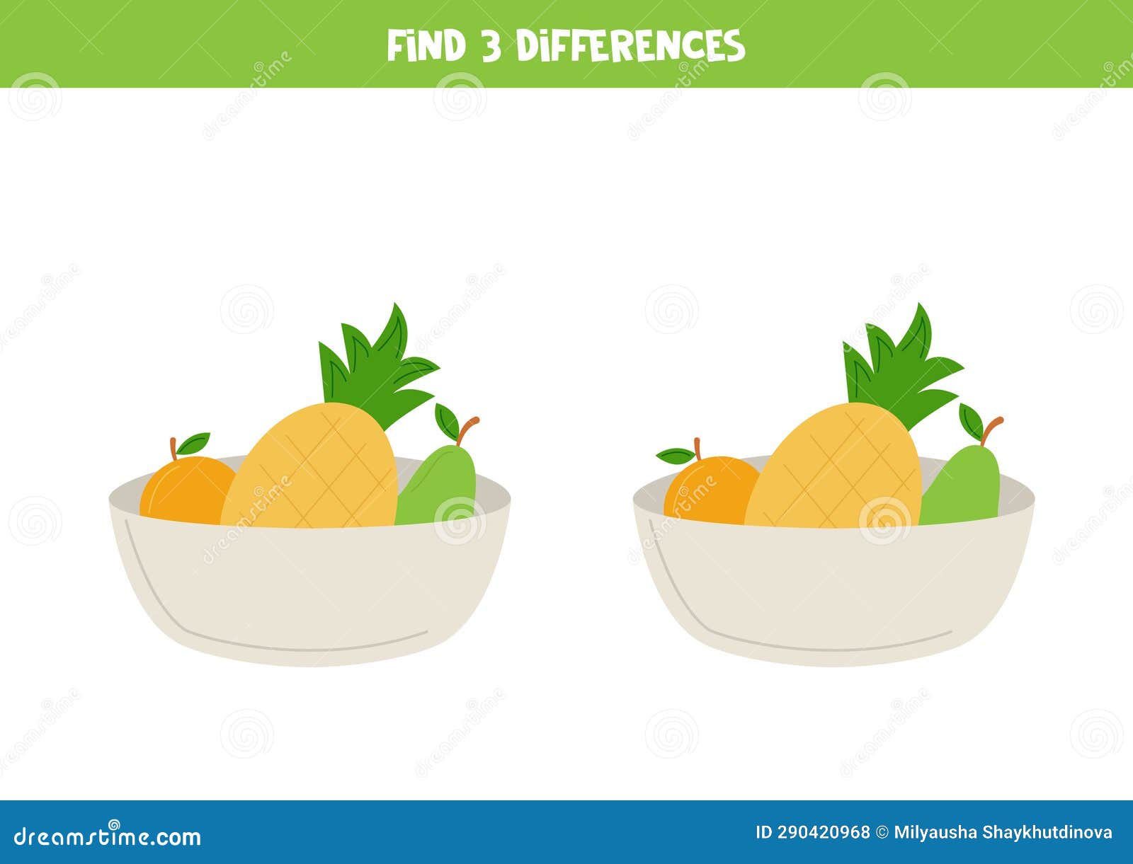 Find Three Differences between Two Pictures of Bowl with Fruits. Game ...