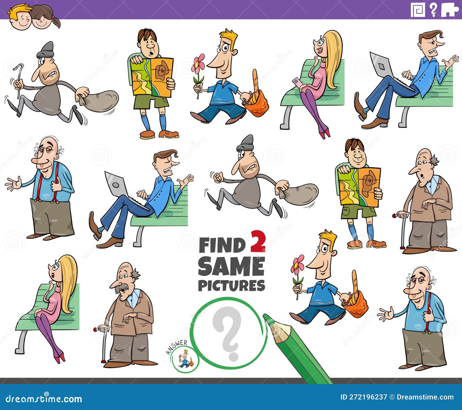 Find Two Same Cartoon People Characters Educational Game Stock Vector ...