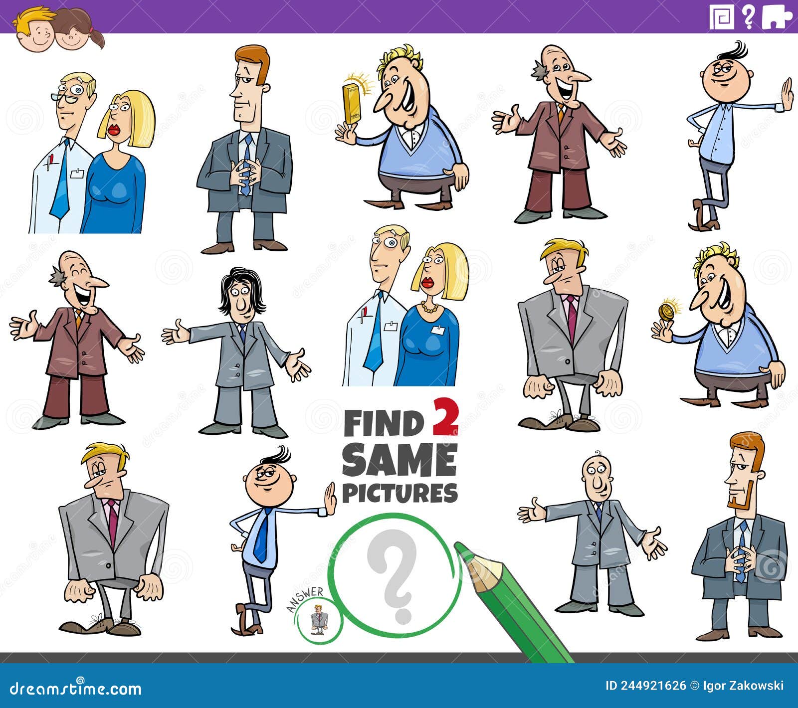 Find Two Same Cartoon People Characters Educational Task Stock Vector ...
