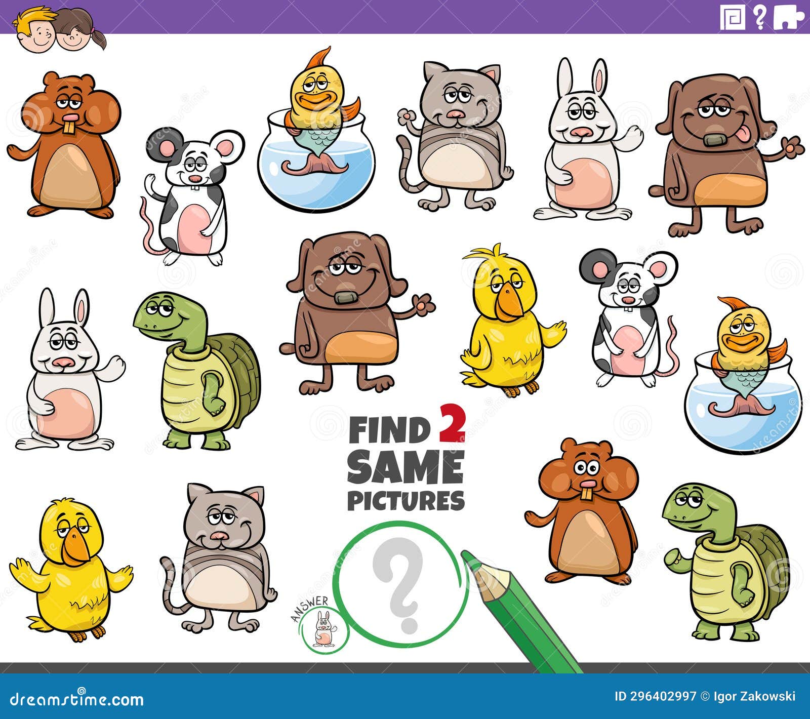 Find Two Same Cartoon Pets Educational Activity Stock Illustration ...