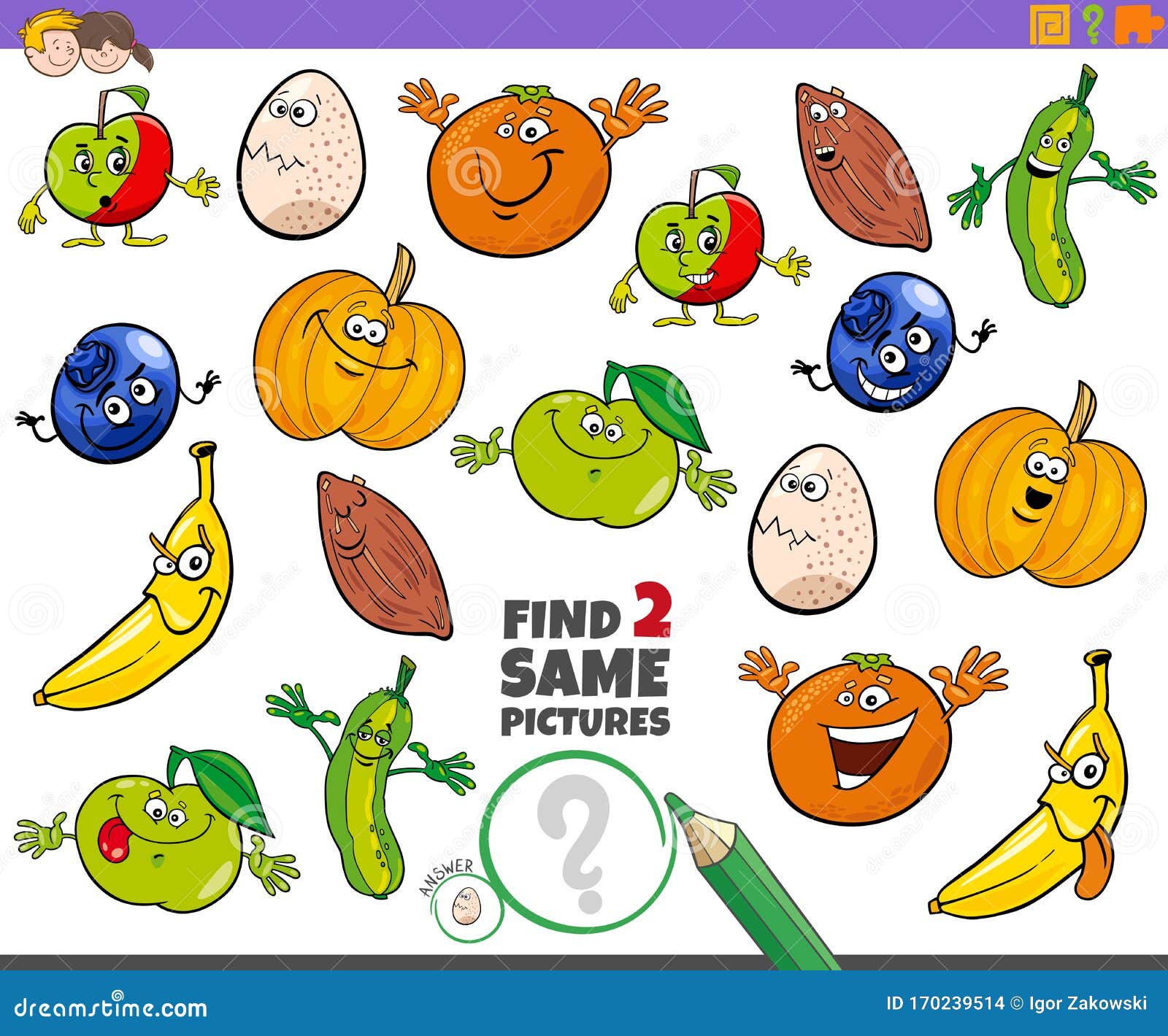 Find Two Same Characters Educational Game for Children Stock Vector ...