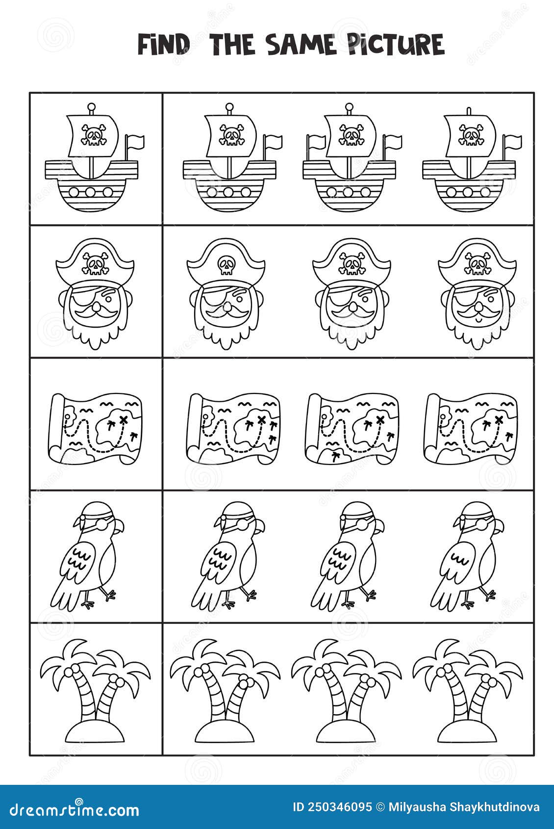 Find Two the Same Pictures. Black and White Worksheet. Stock Vector ...