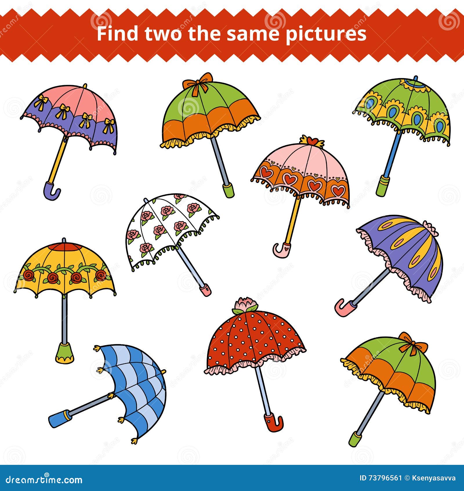Find Two The Same Pictures. Set Of Umbrellas Cartoon Vector ...