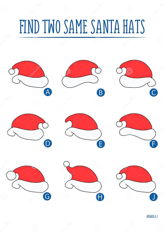 Find Two Same Santa Hats. Logic Game Stock Vector - Illustration of ... Find Two Same Santa Hats. Logic Game Stock Vector - Illustration of ...