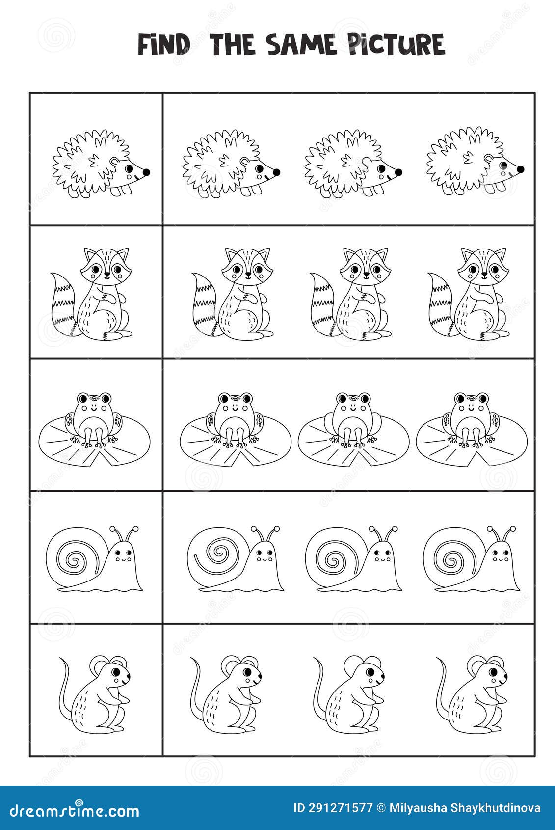 Find Two the Same Woodland Animals. Black and White Worksheet. Stock ...
