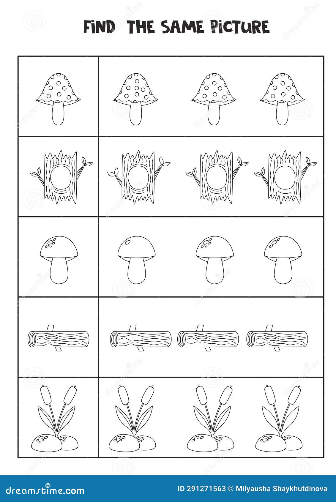 Find Two the Same Woodland Elements. Black and White Worksheet. Stock ...