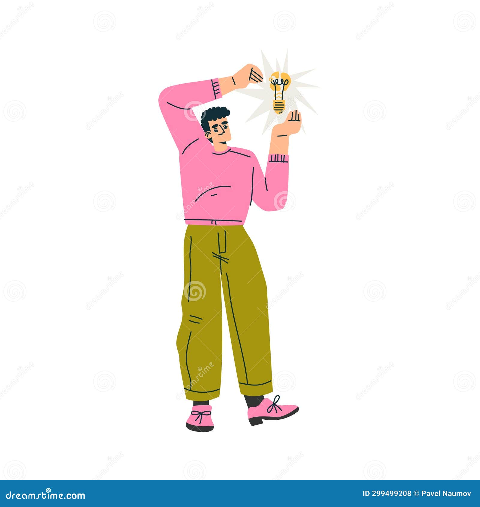 Finding Brilliant Idea with Man Character Standing with Lightbulb ...