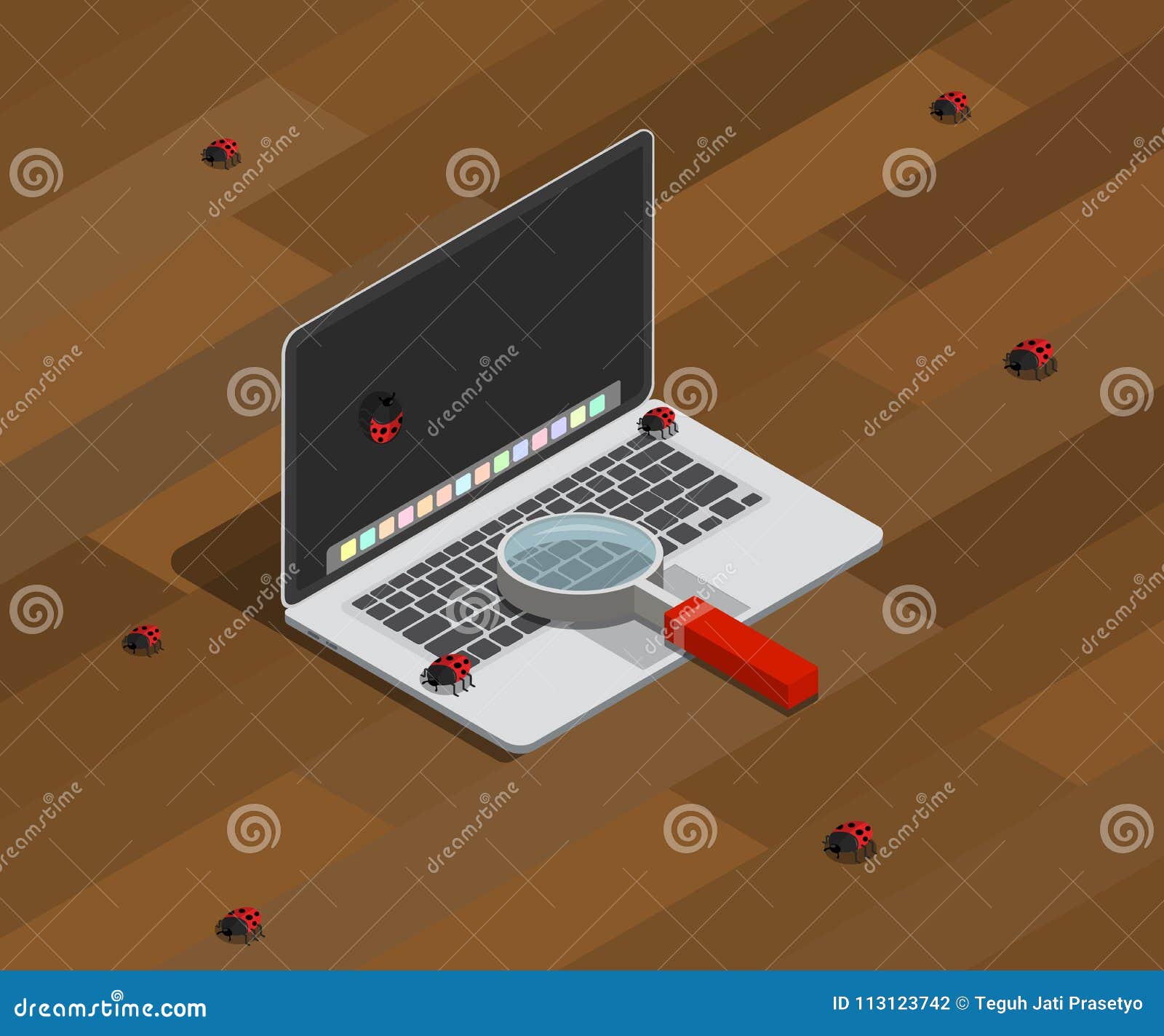Finding Bugs On Computer Programming With Laptop And Magnifying Glass Stock Vector