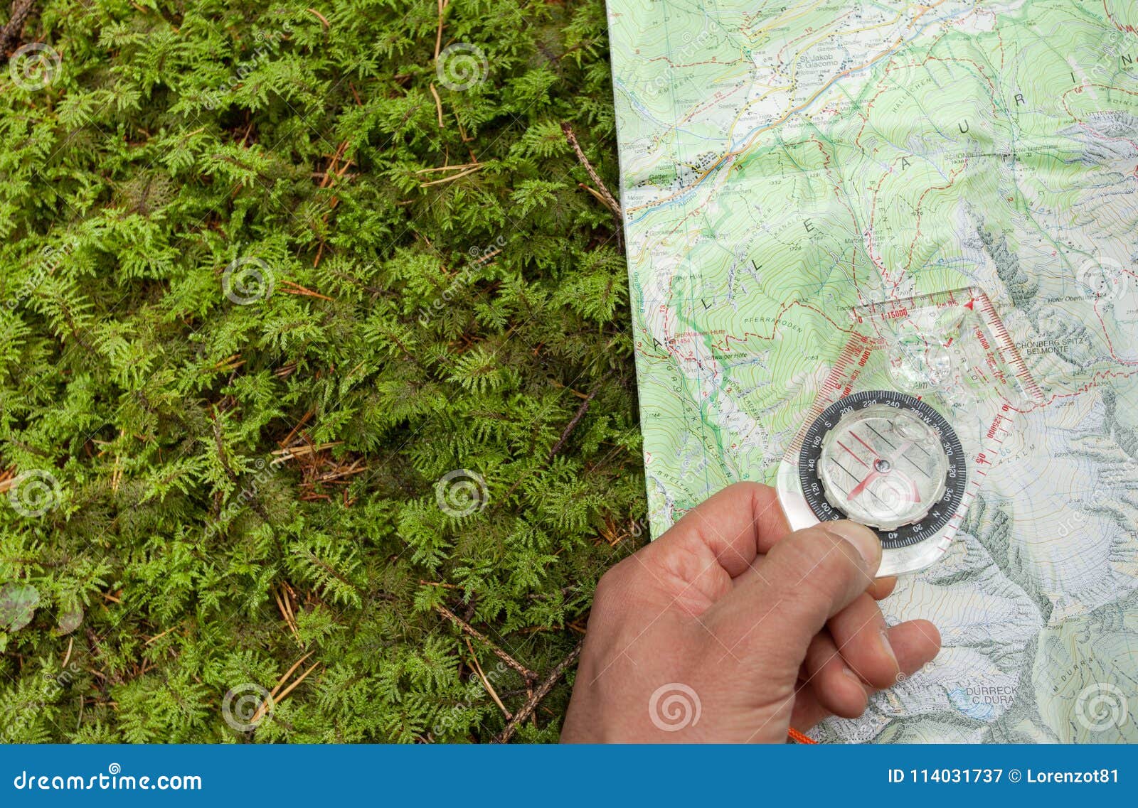 Finding The Right Position In The Forest With A Compass Stock Image Image Of Compass Location