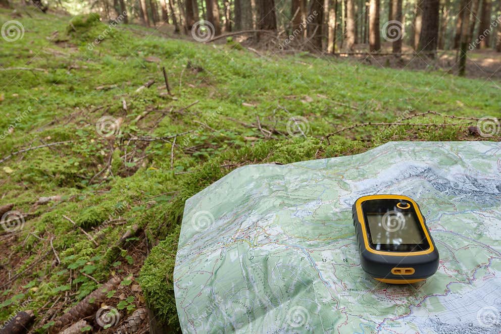 Finding the Right Position in the Forest with a Gps Stock Image - Image ...